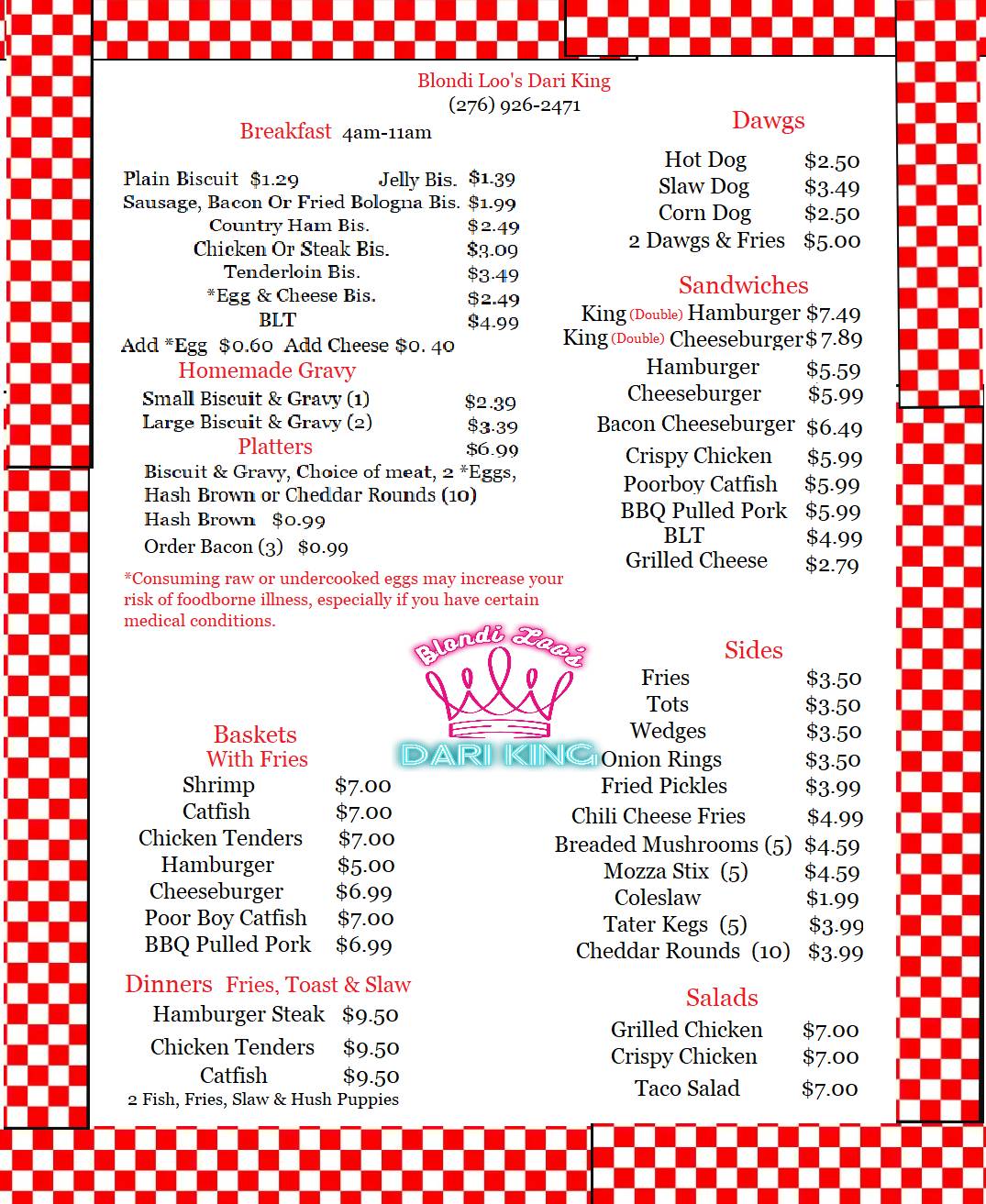 Menu at Blondi Loo’s Dari King fast food, Clintwood, Dickenson Hwy