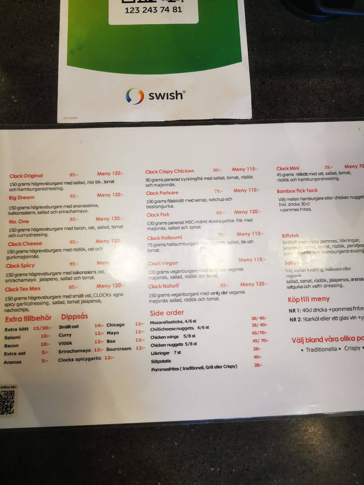 Menu at Clock burgers restaurant, Härnösand