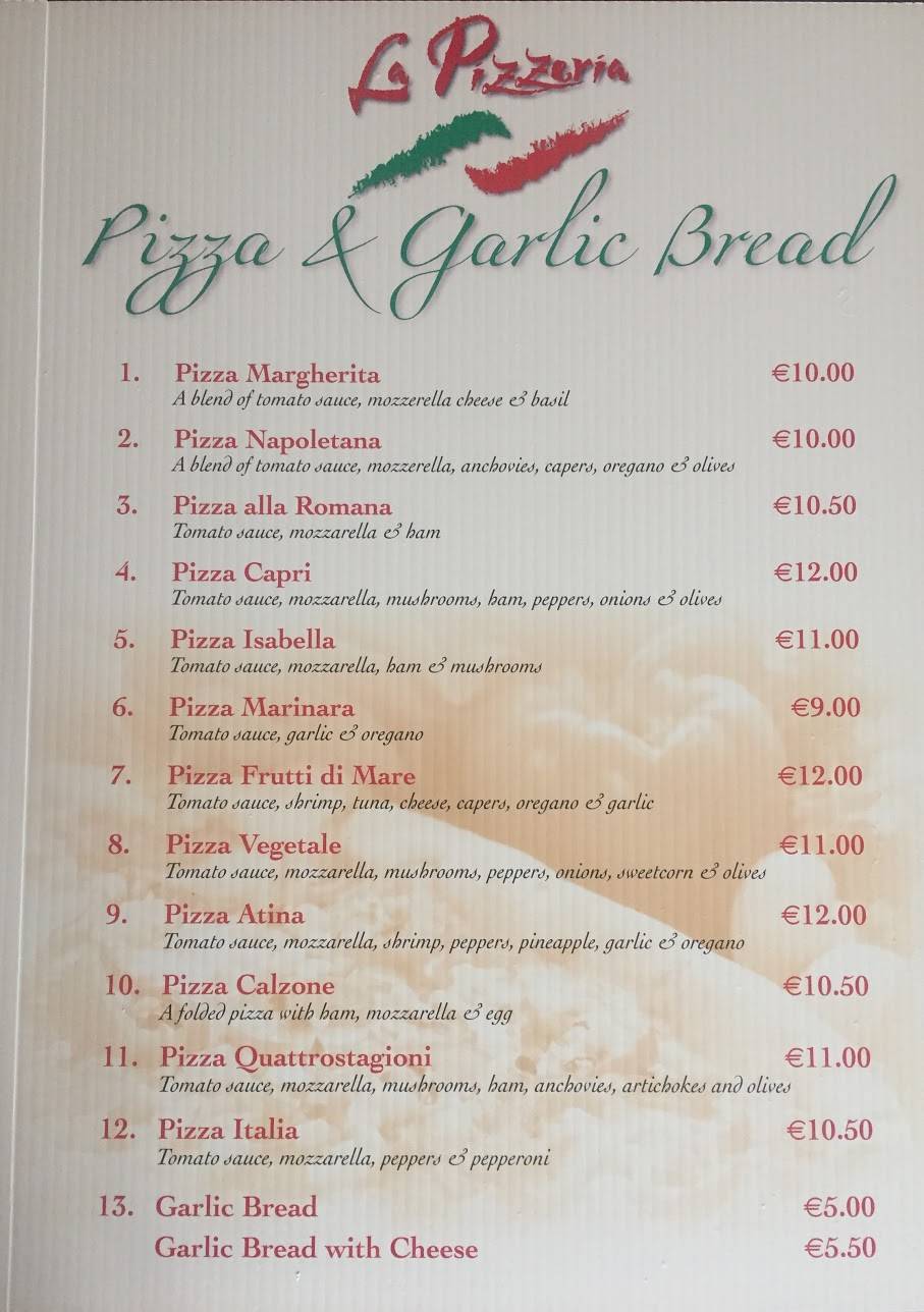 Menu at La Pizzeria, Clogherhead, Main St