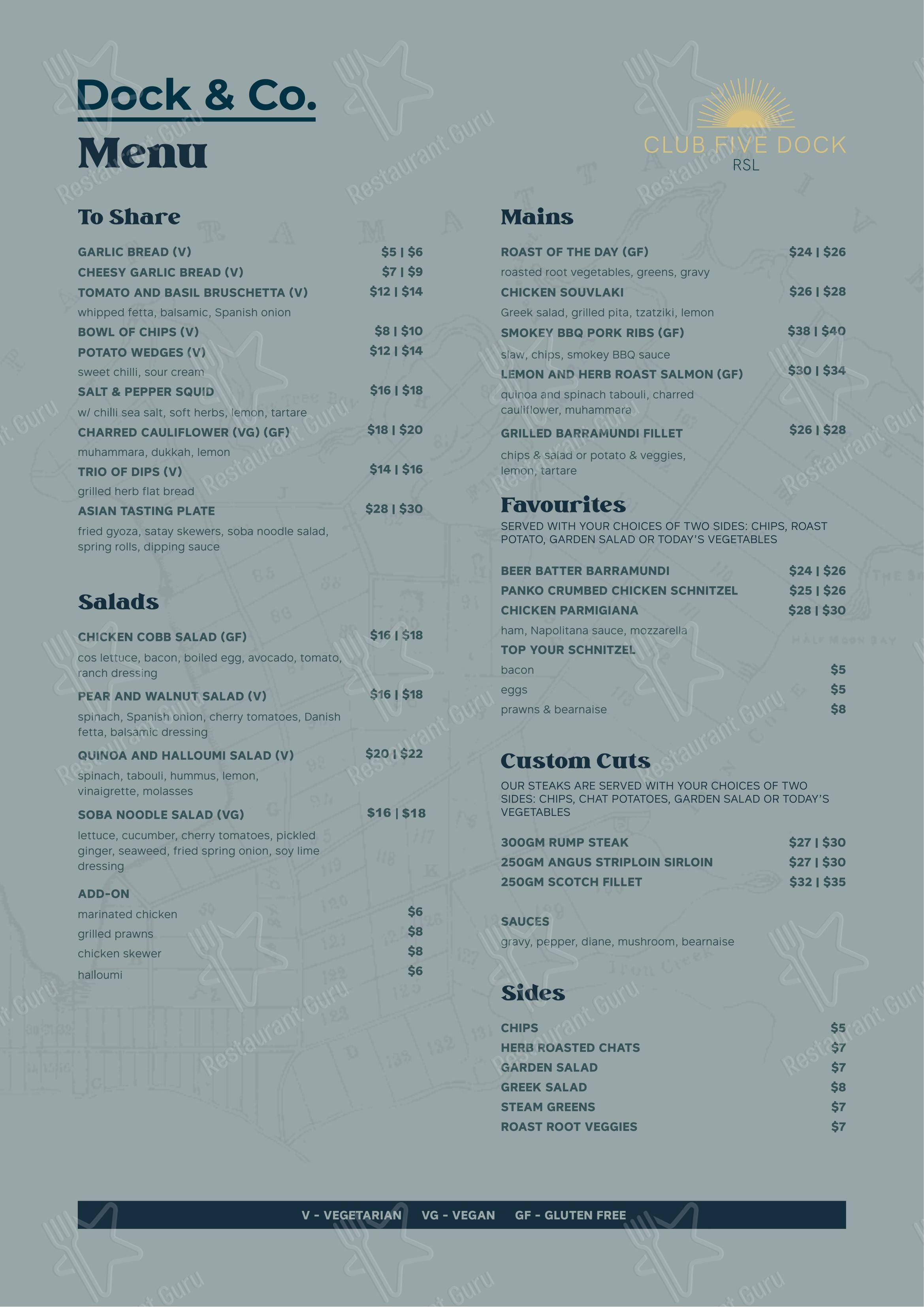 Menu at Club Five Dock RSL, Five Dock