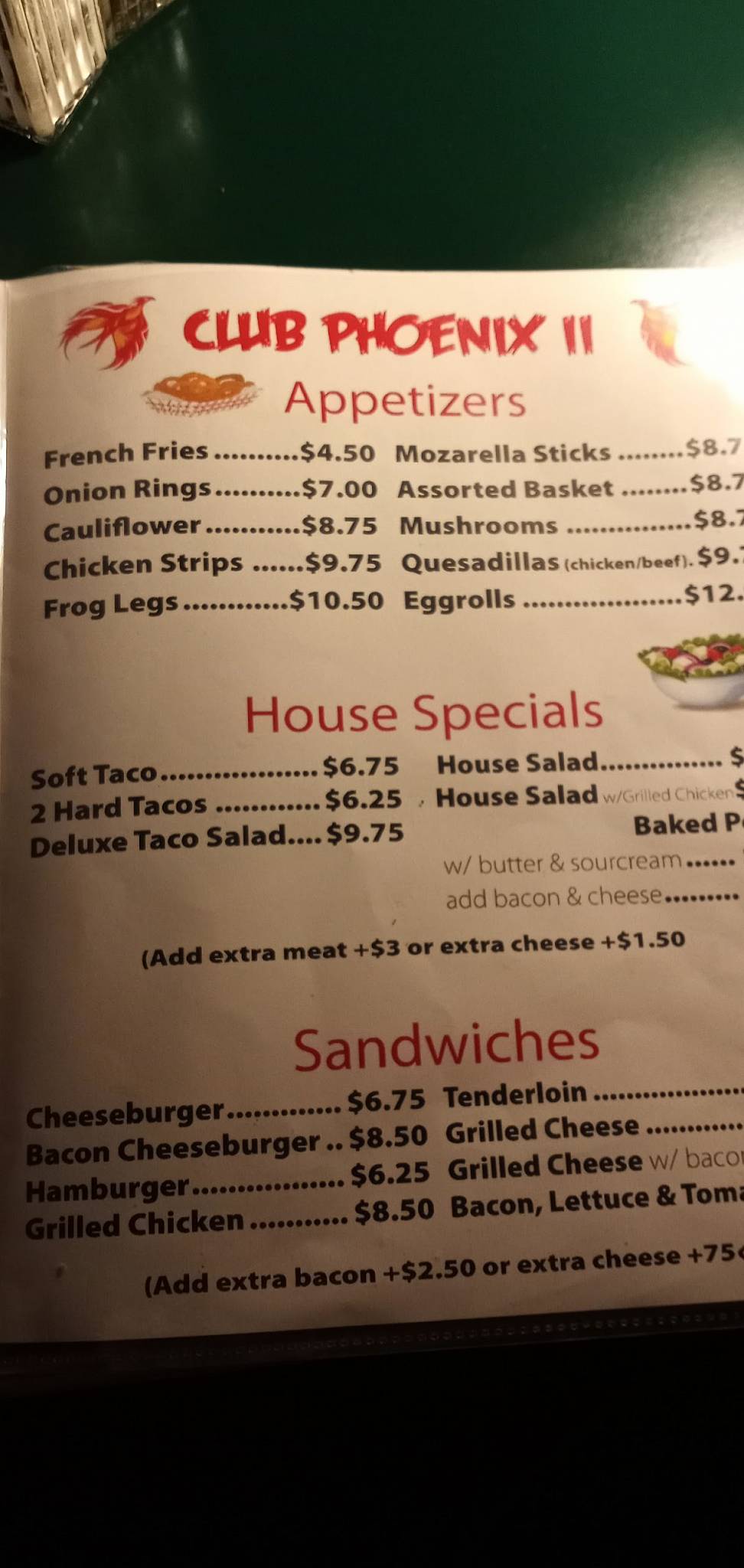 Menu at Club Phoenix II, Peoria