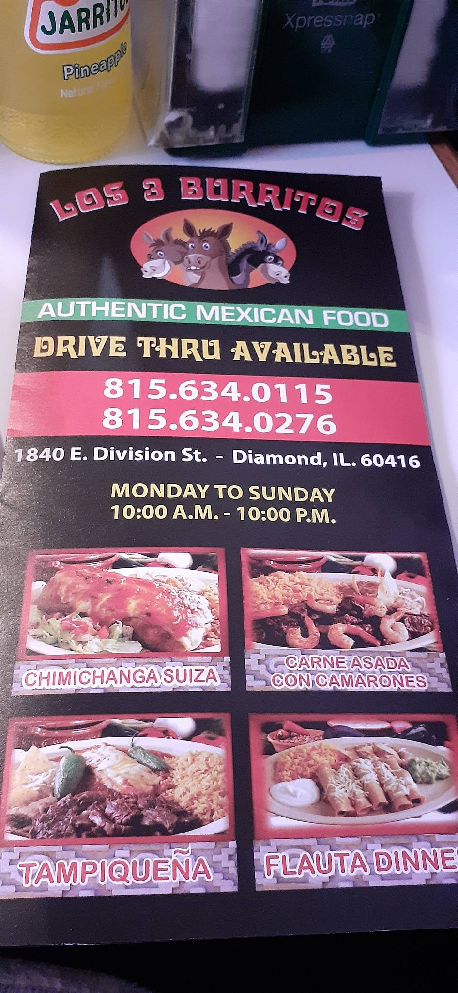 Menu at Los 3 Burritos restaurant, Diamond, E Division St