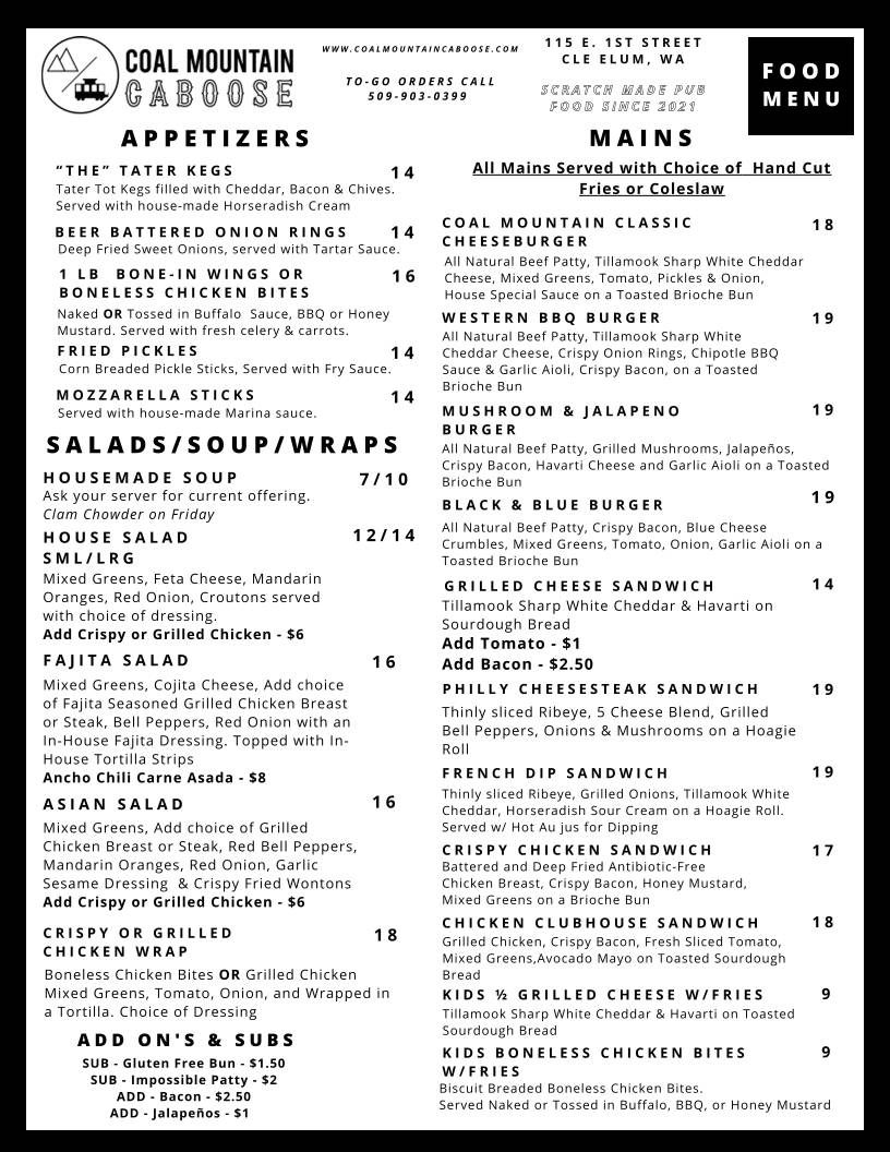 Menu at Coal Mountain Caboose pub & bar, Cle Elum