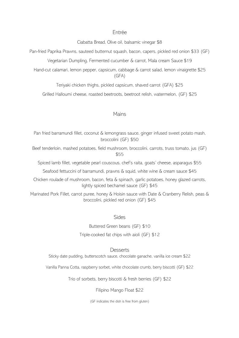 Menu at Cobblestone Lane restaurant, Bathurst