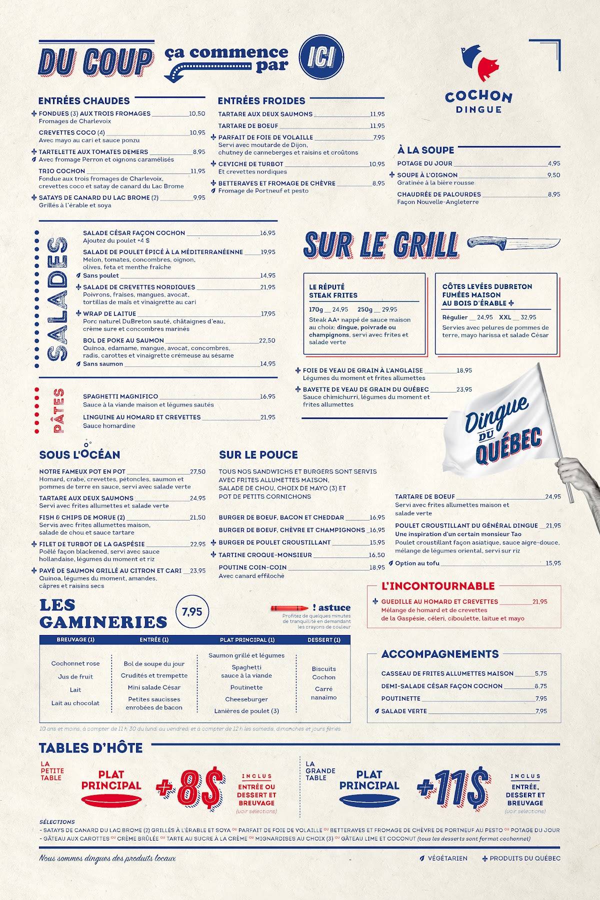 Menu au Cochon Dingue Place Ste-Foy restaurant, Québec, Bd Laurier