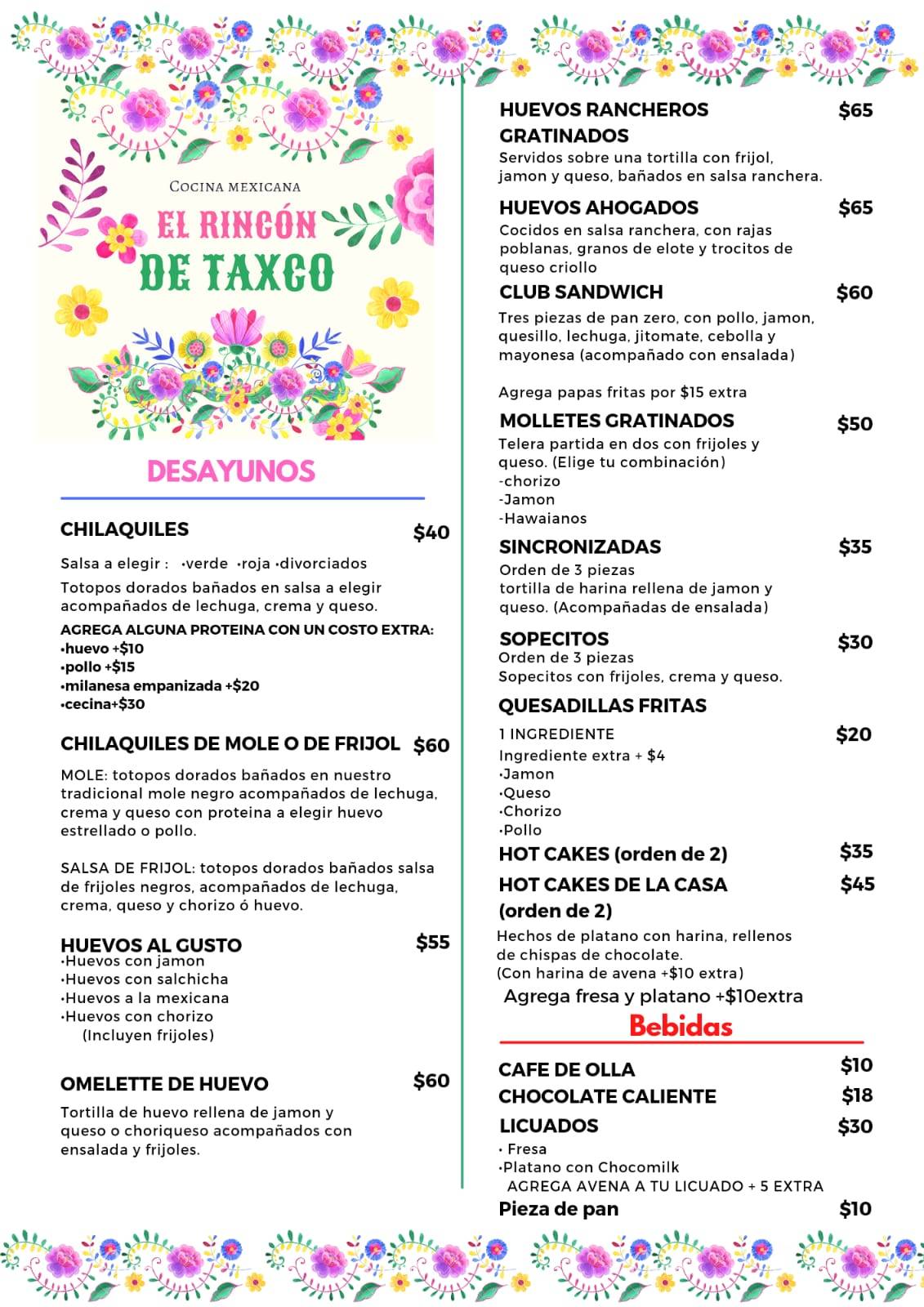 Menu at Cocina Mexicana "El rincón de Taxco" restaurant, Taxco