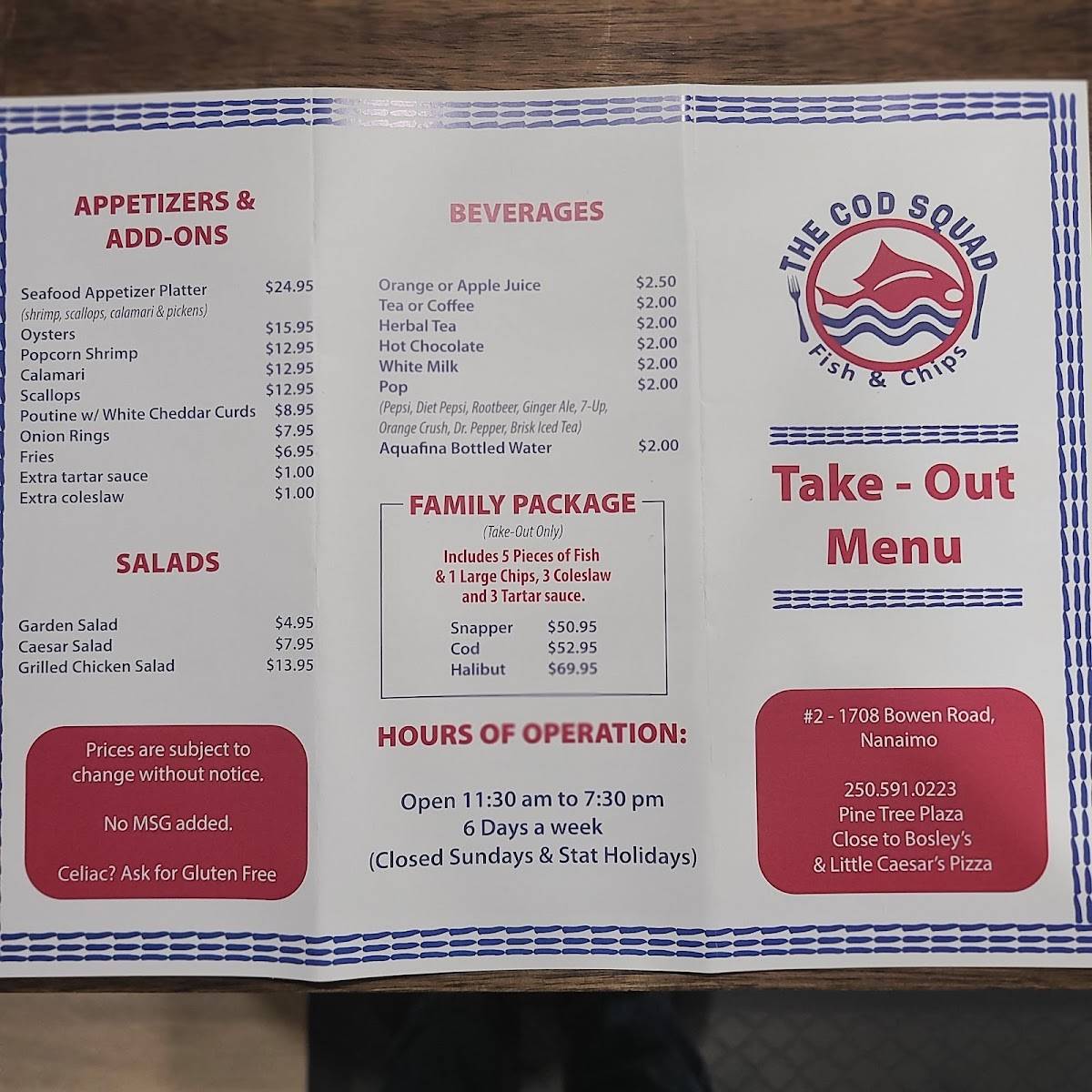 Menu at Cod Squad Fish & Chips restaurant, Nanaimo