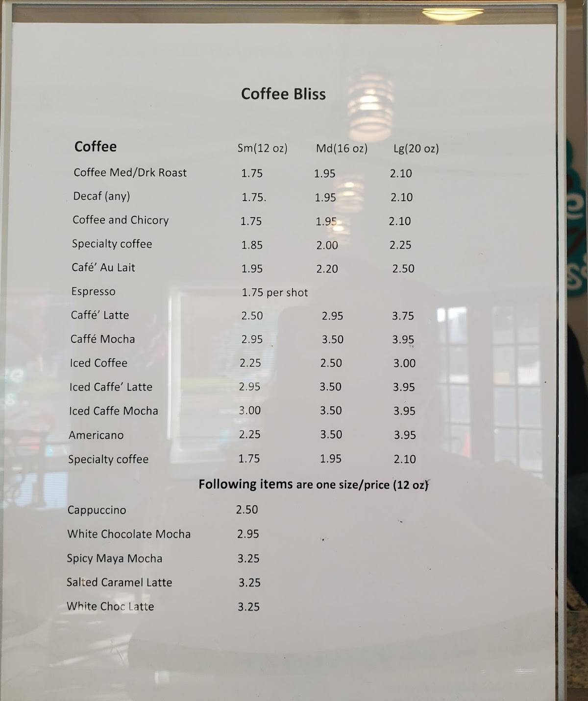 Menu at Coffee Bliss, New Orleans