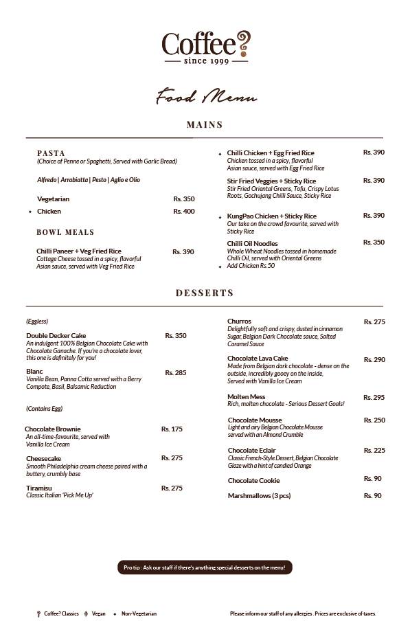 Menu at Coffee? Since 1999, Chennai