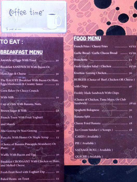Menu at Coffee Time cafe, Kuta, Jl. Benesari Legian 409