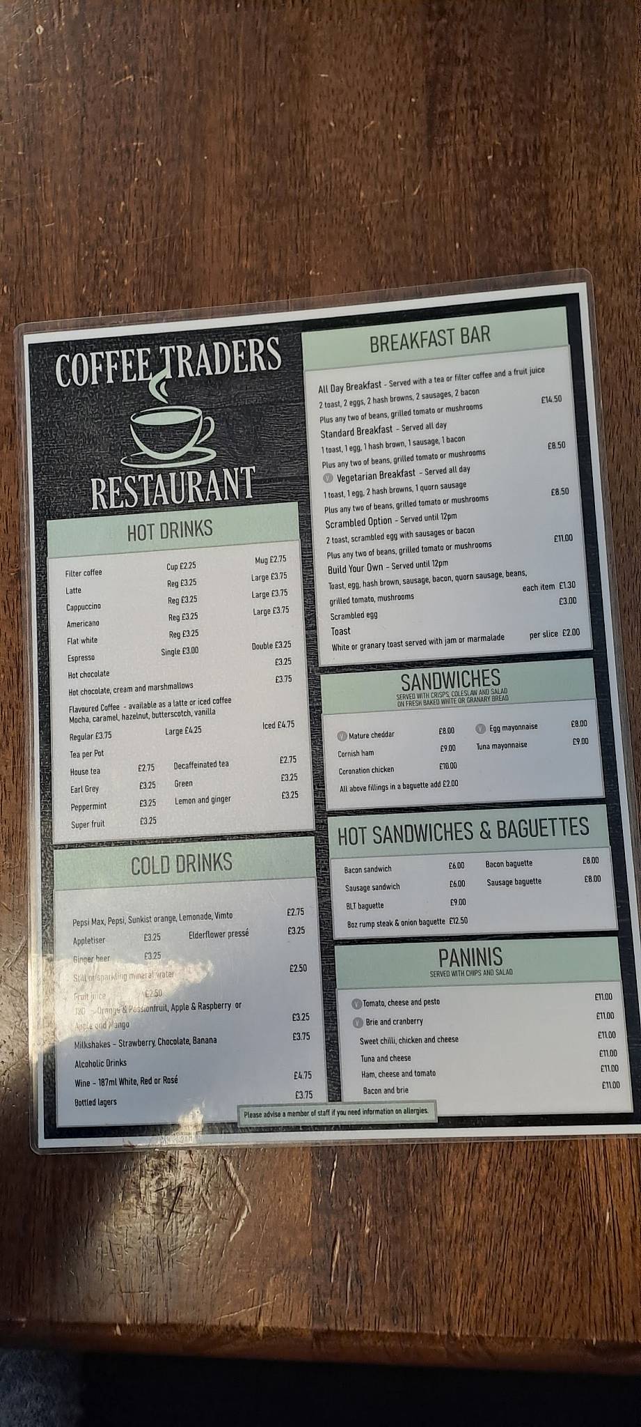 Menu at Coffee Traders restaurant, Truro