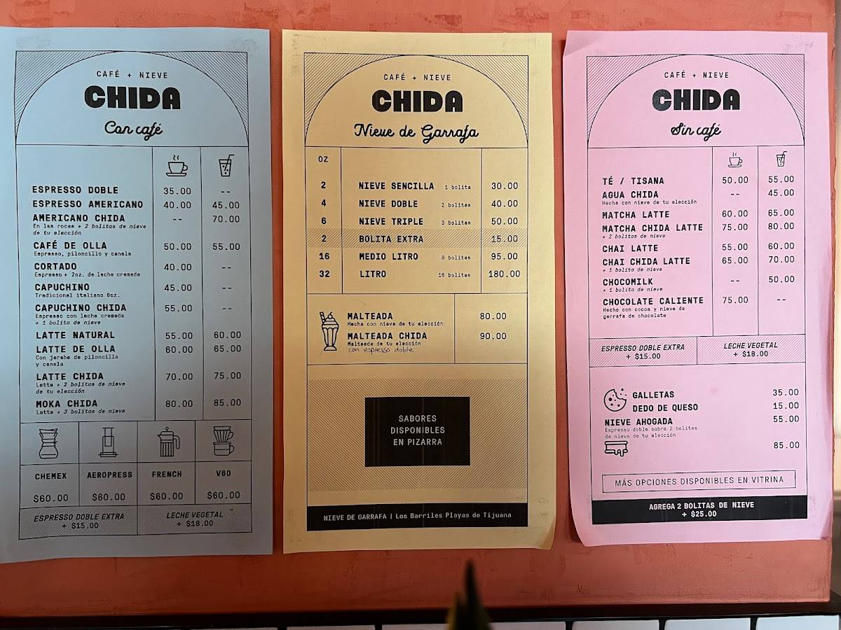 Carta de coffee house CHIDA, Tijuana