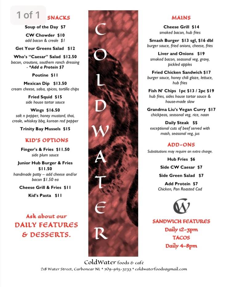 Menu at ColdWater Restaurant, Carbonear