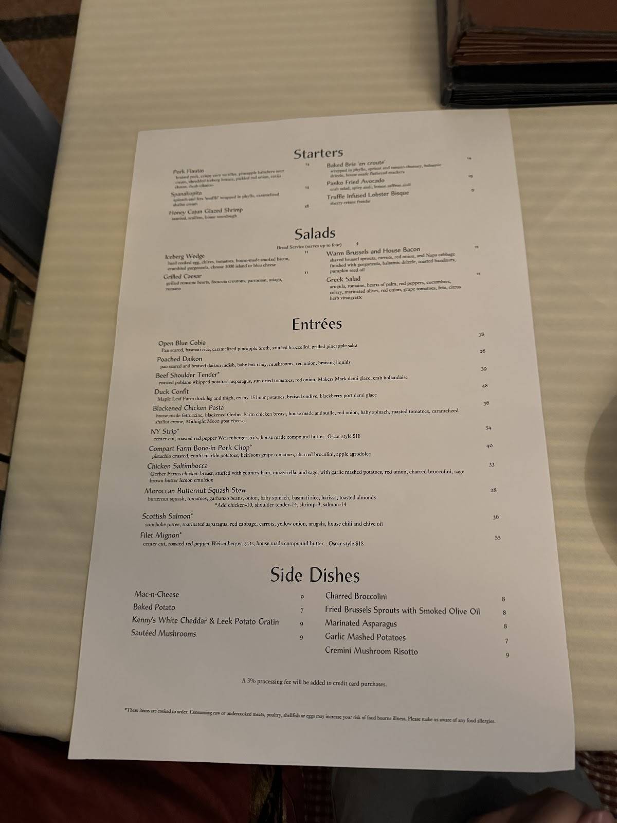 Menu at Coles 735 Main restaurant, Lexington