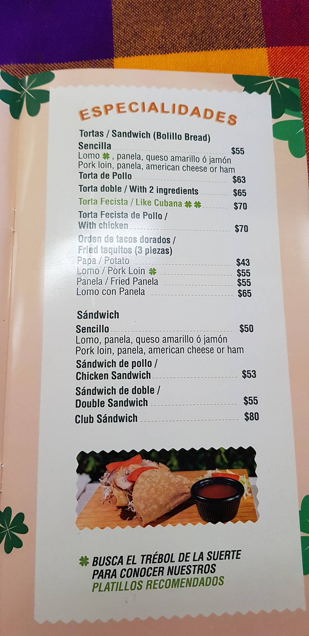 Carta del restaurante El Trebol, Colima, 16 del Septiembre 52