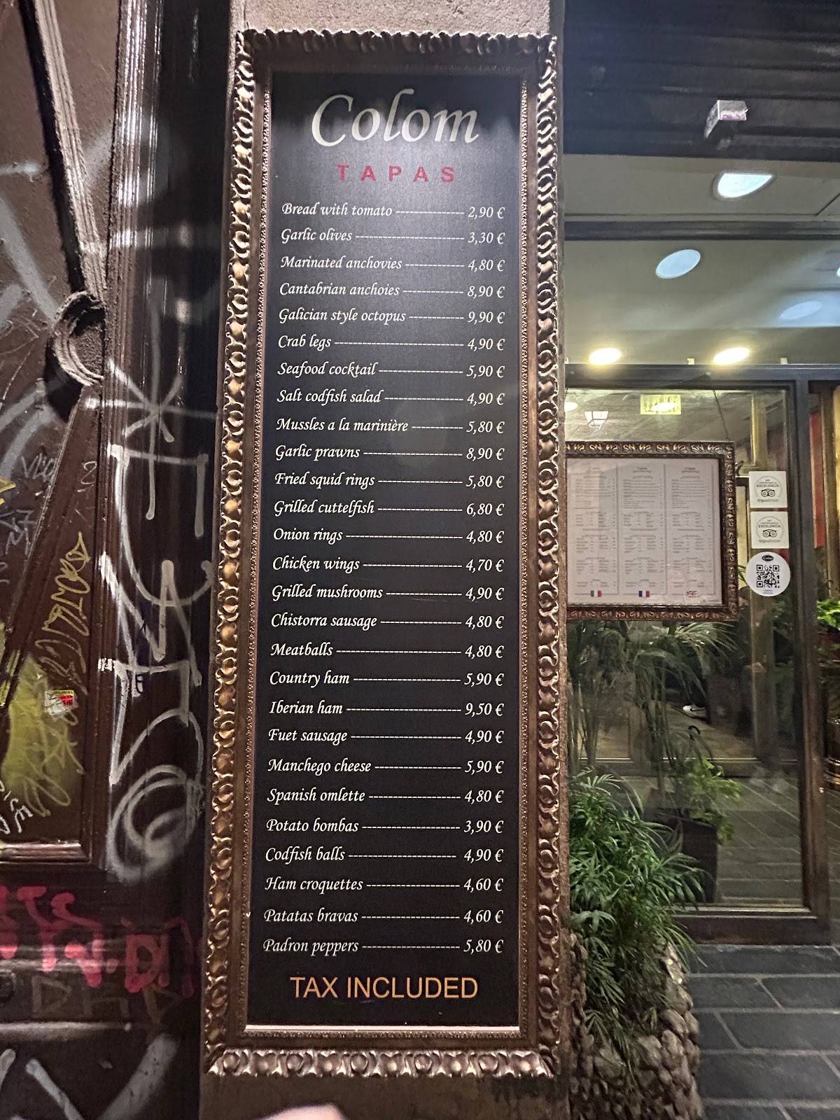 Menu at Colom Restaurant, Barcelona, Carrer dels Escudellers