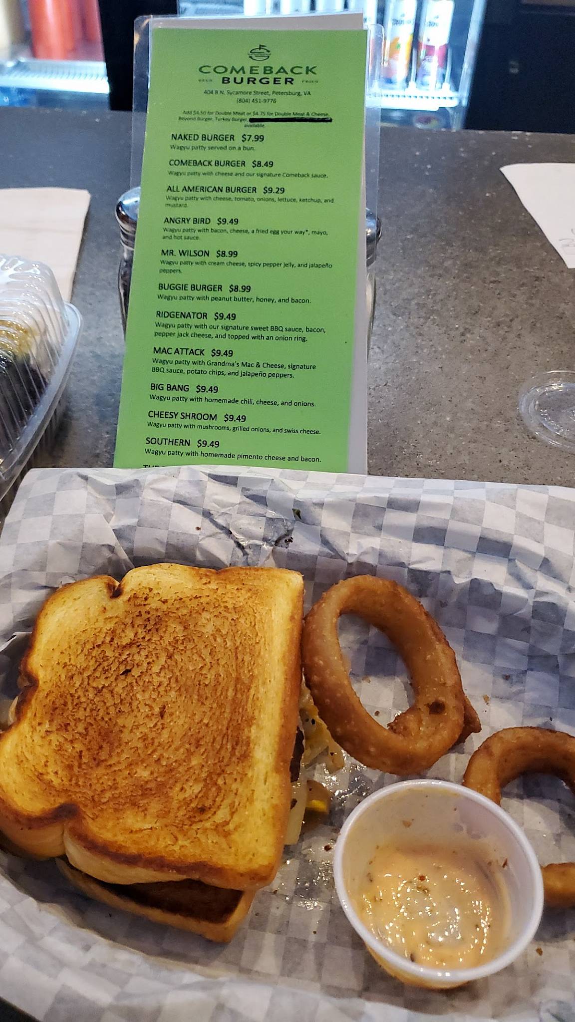 Menu at Comeback Burger restaurant, Petersburg