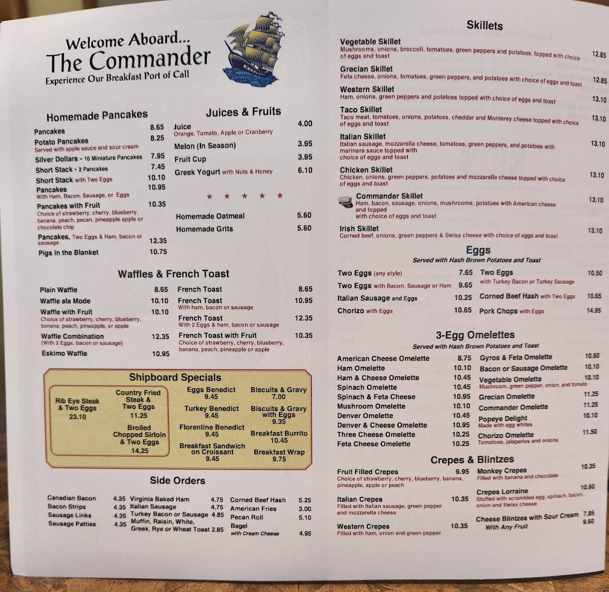 Menu at Commander Restaurant, Munster