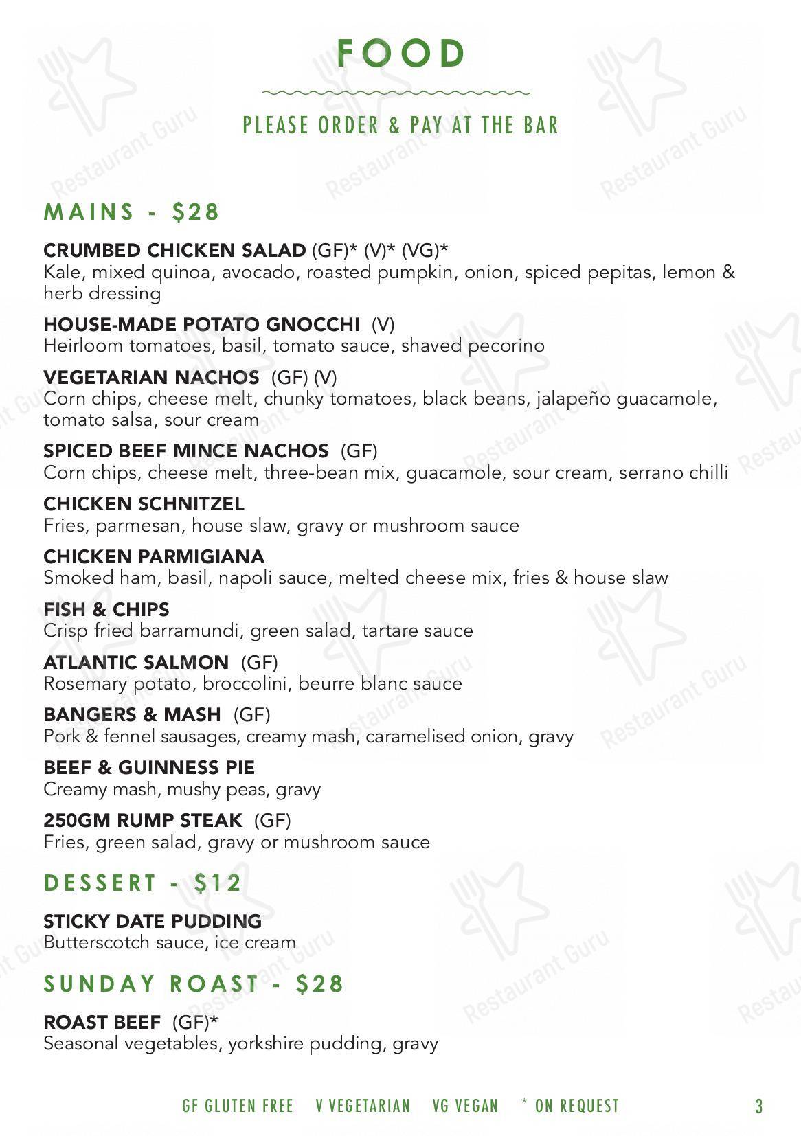 Menu at Commodore Hotel pub & bar, North Sydney