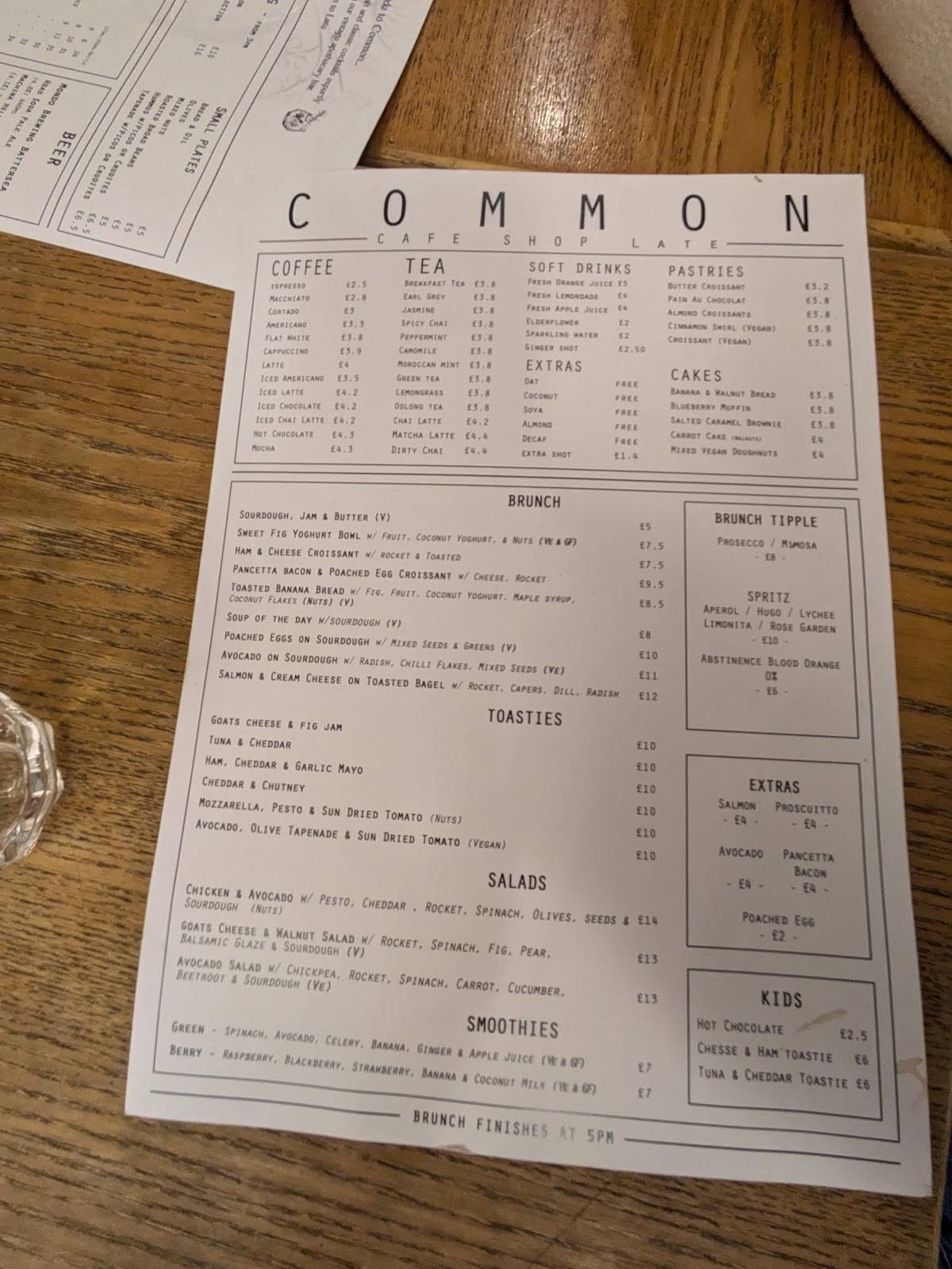 Menu at Common cafe, London, 17 The Pavement