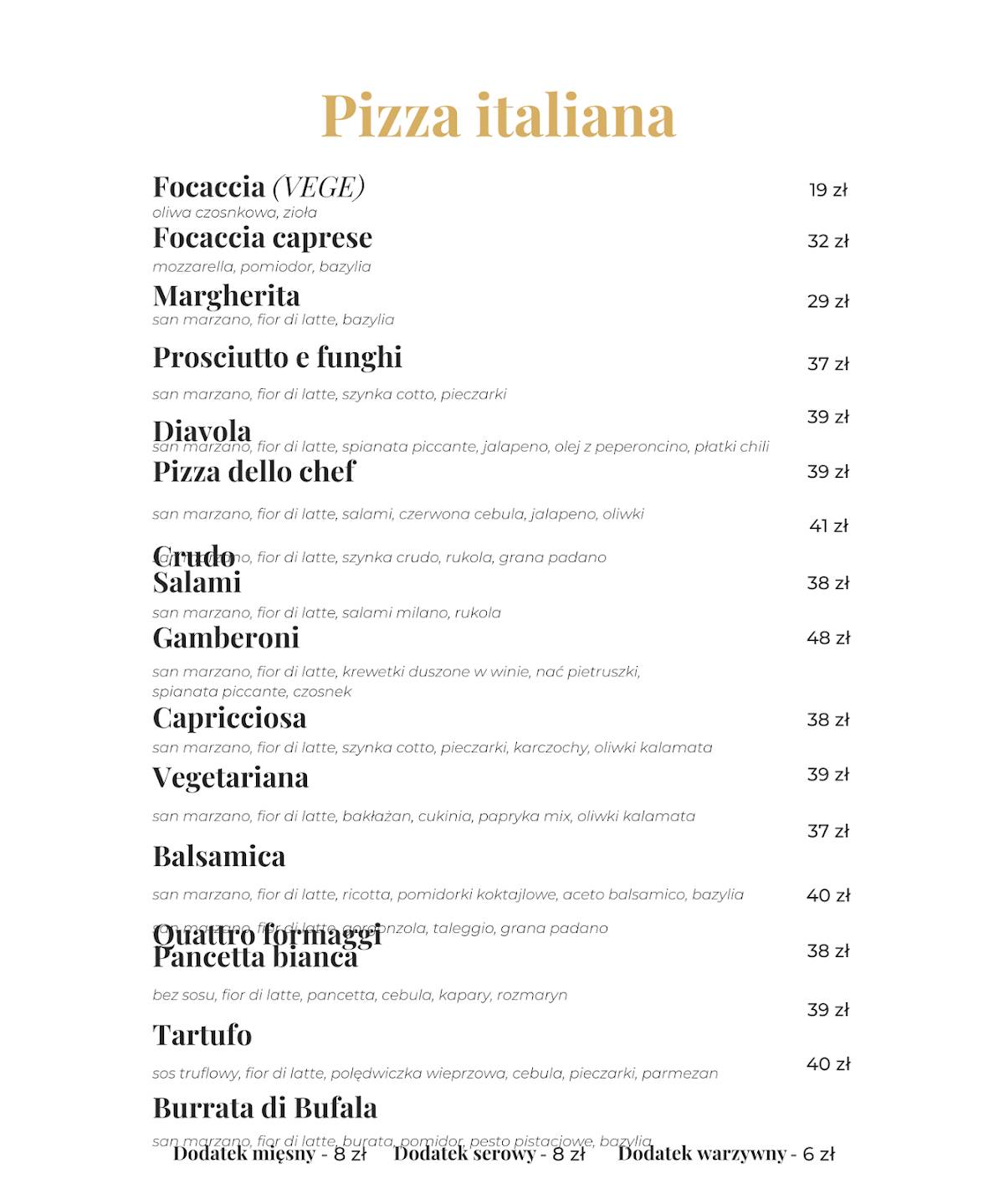 Menu at Como restaurant, Lublin