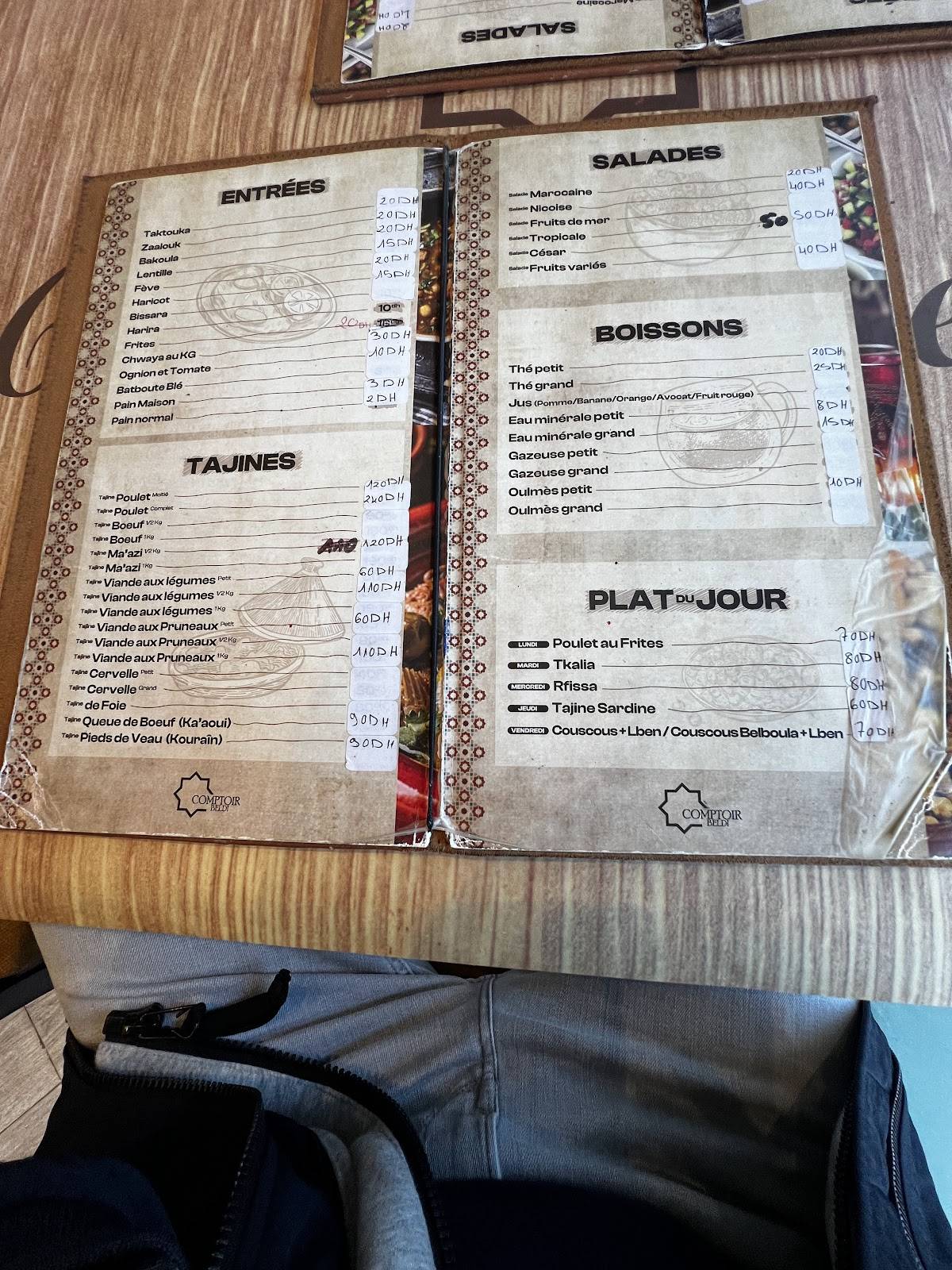 Menu au Comptoir Beldi restaurant, Casablanca