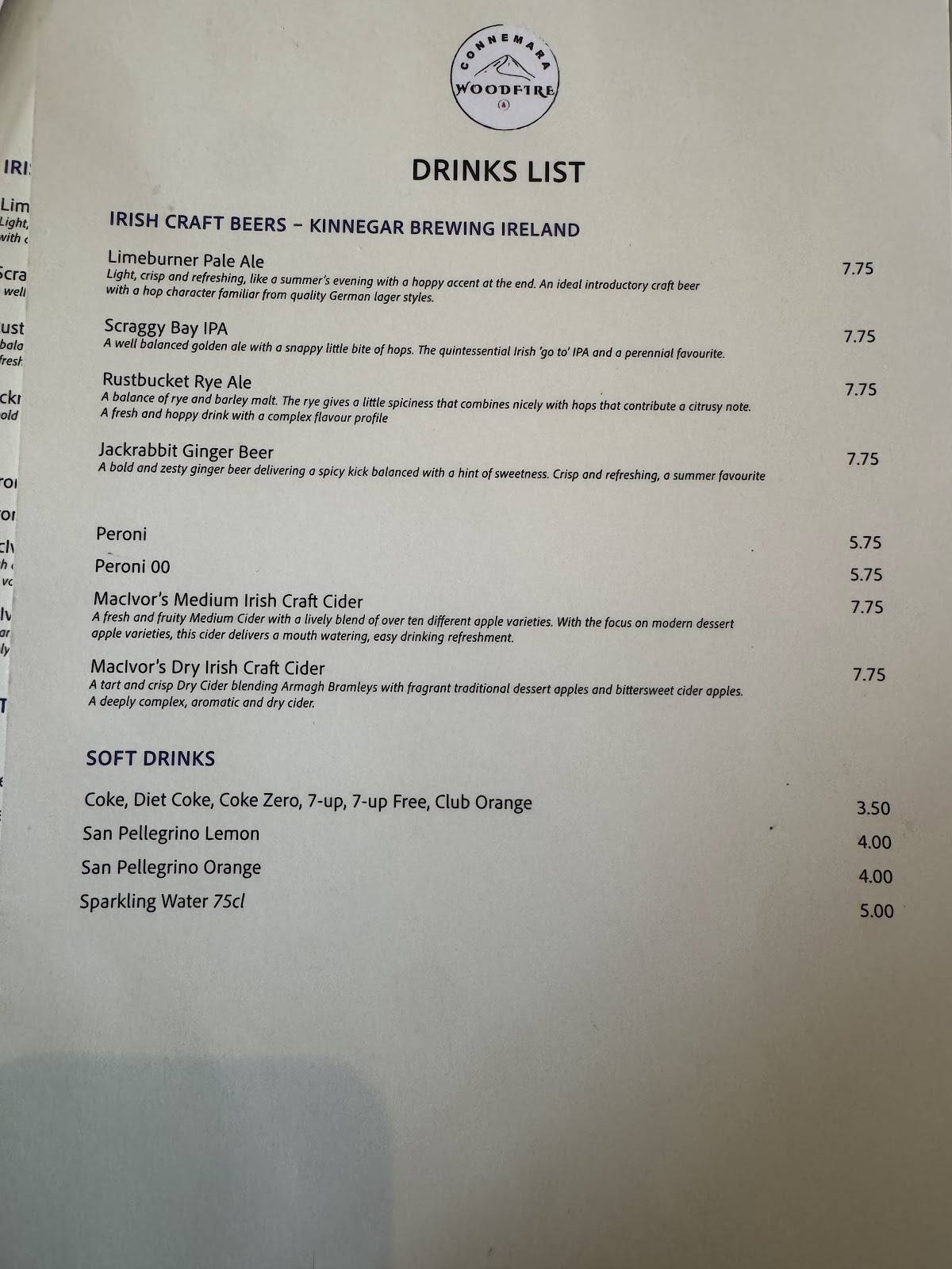 Menu at Connemara Woodfire restaurant, Letterfrack