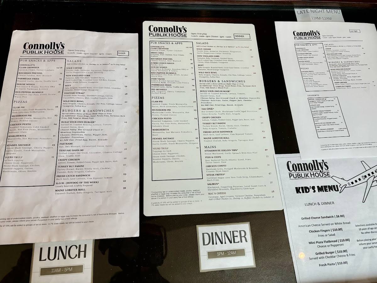 Menu at Connolly's Publik House, Boston, 1 Hotel Dr