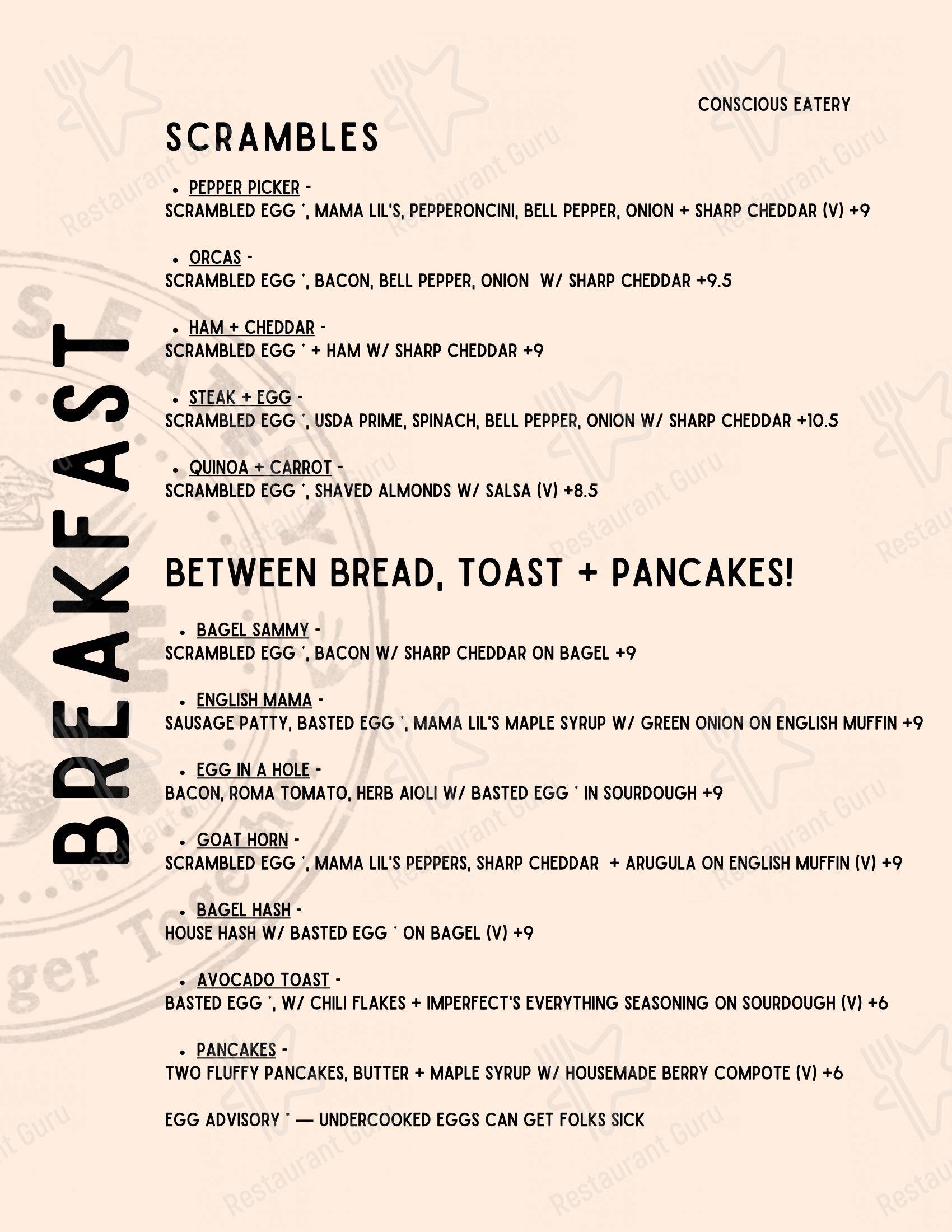 Menu at Conscious Eatery restaurant, Seattle