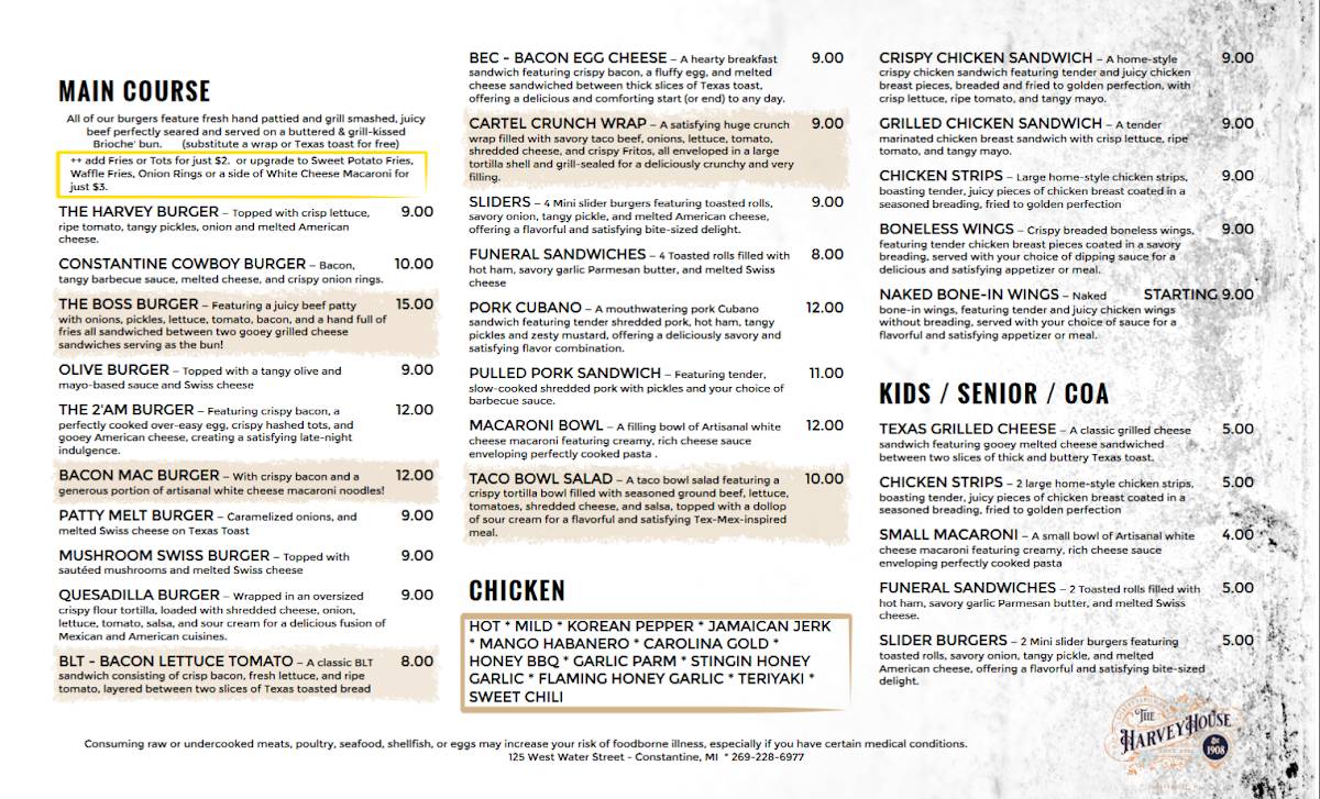 Menu at Constantine Harvey House restaurant, Constantine