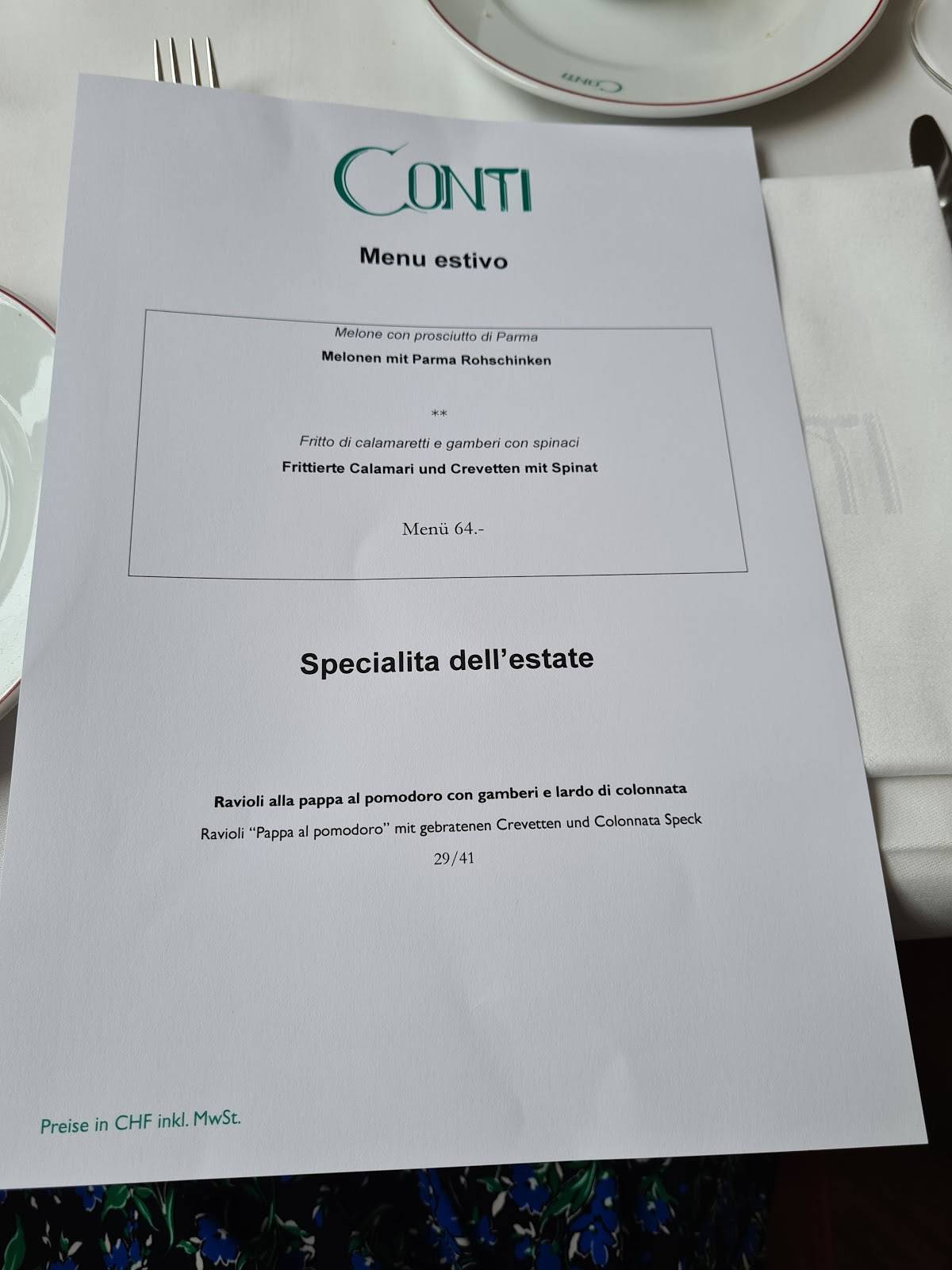 Menu at Conti, Zürich
