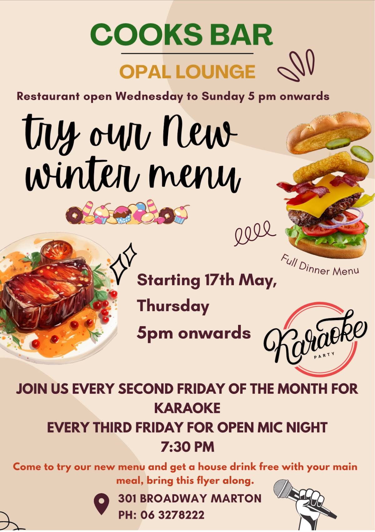 Menu at Cooks Bar & Cafe, Marton