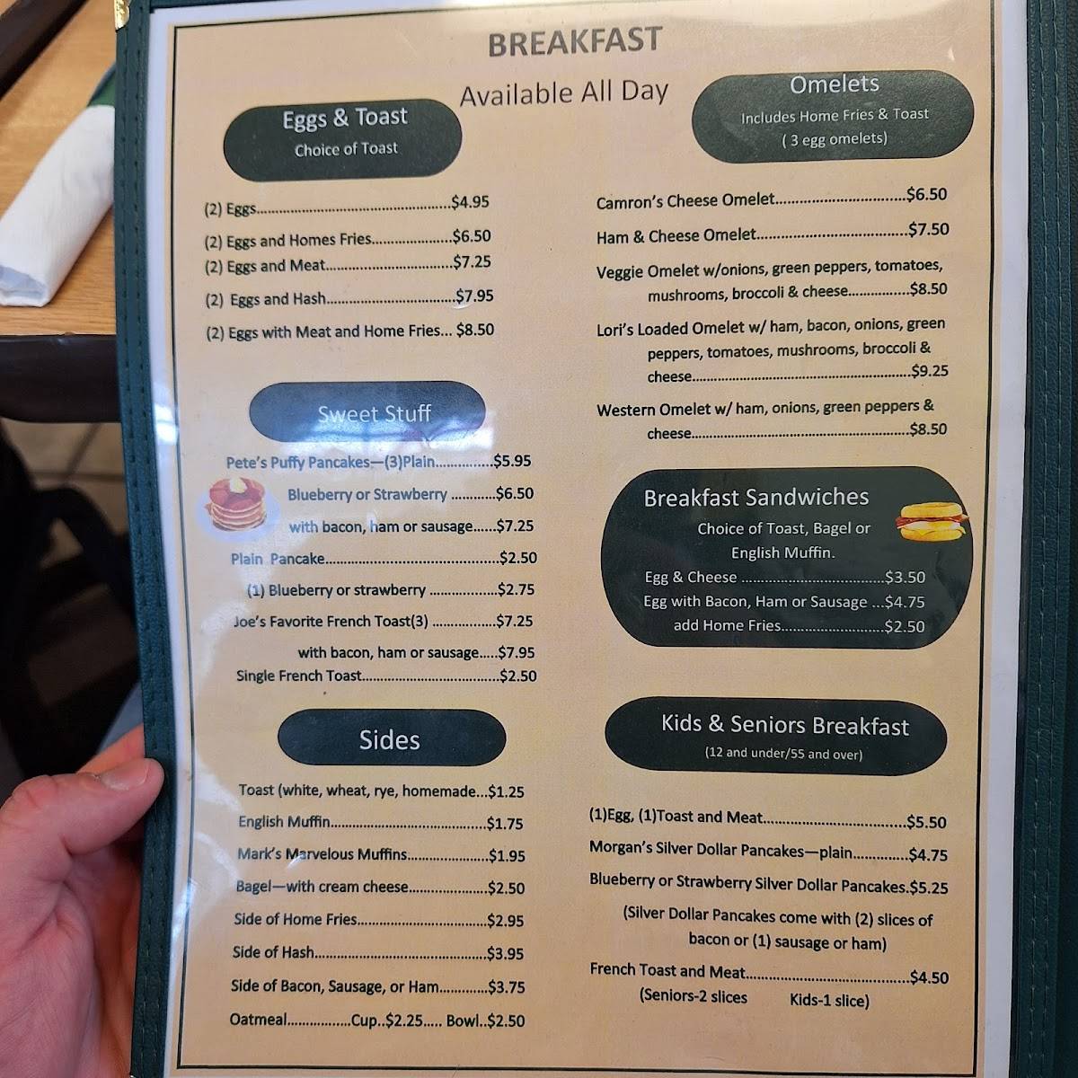 Menu at Cook's Family Diner restaurant, Philadelphia
