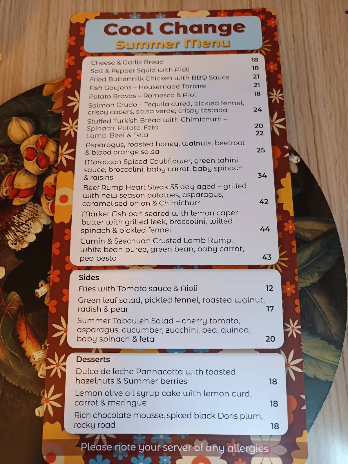 Menu at Cool Change Bar & Eatery, Martinborough