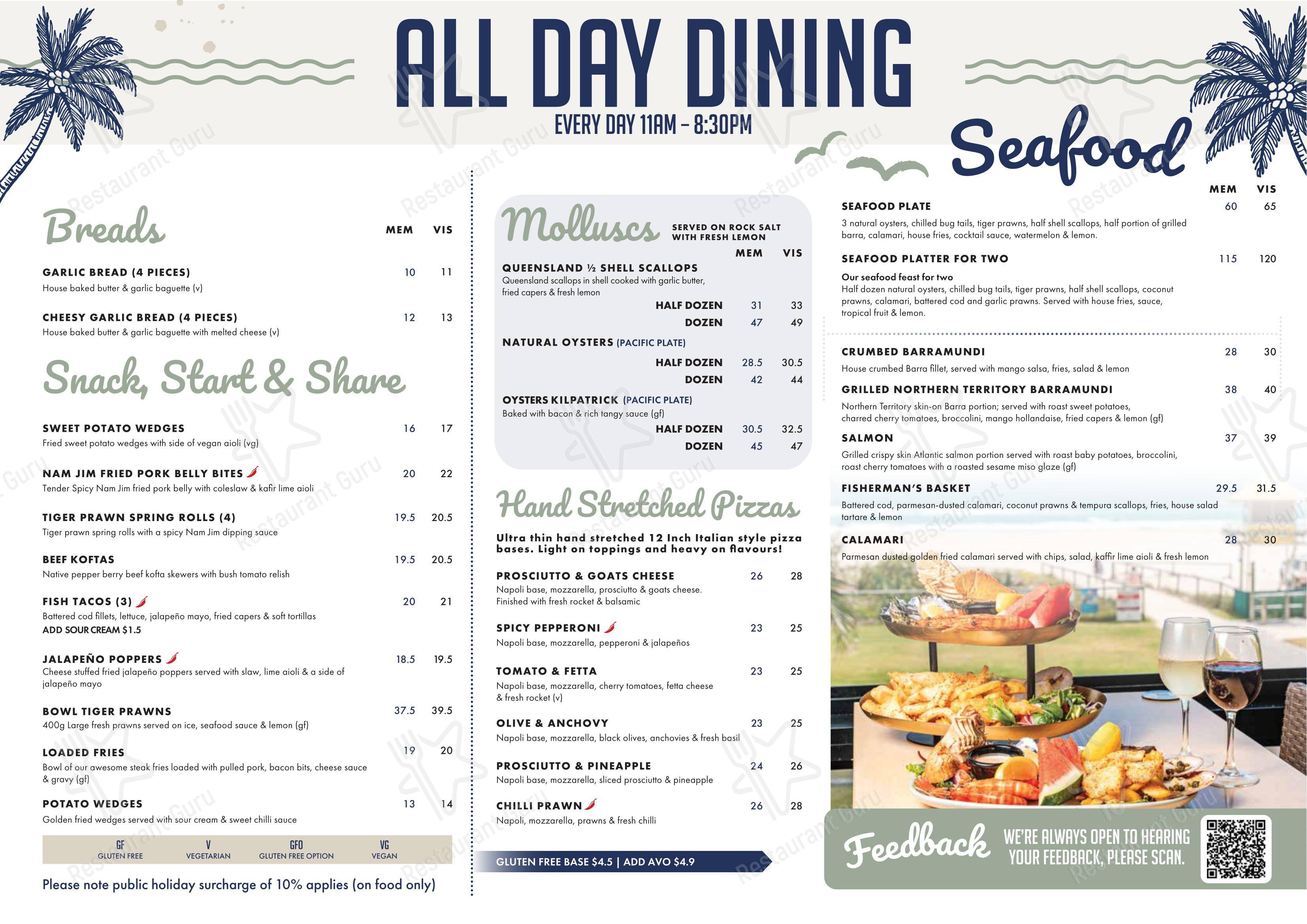 Menu at Coolangatta Surf Club, Coolangatta, 61 Marine Parade