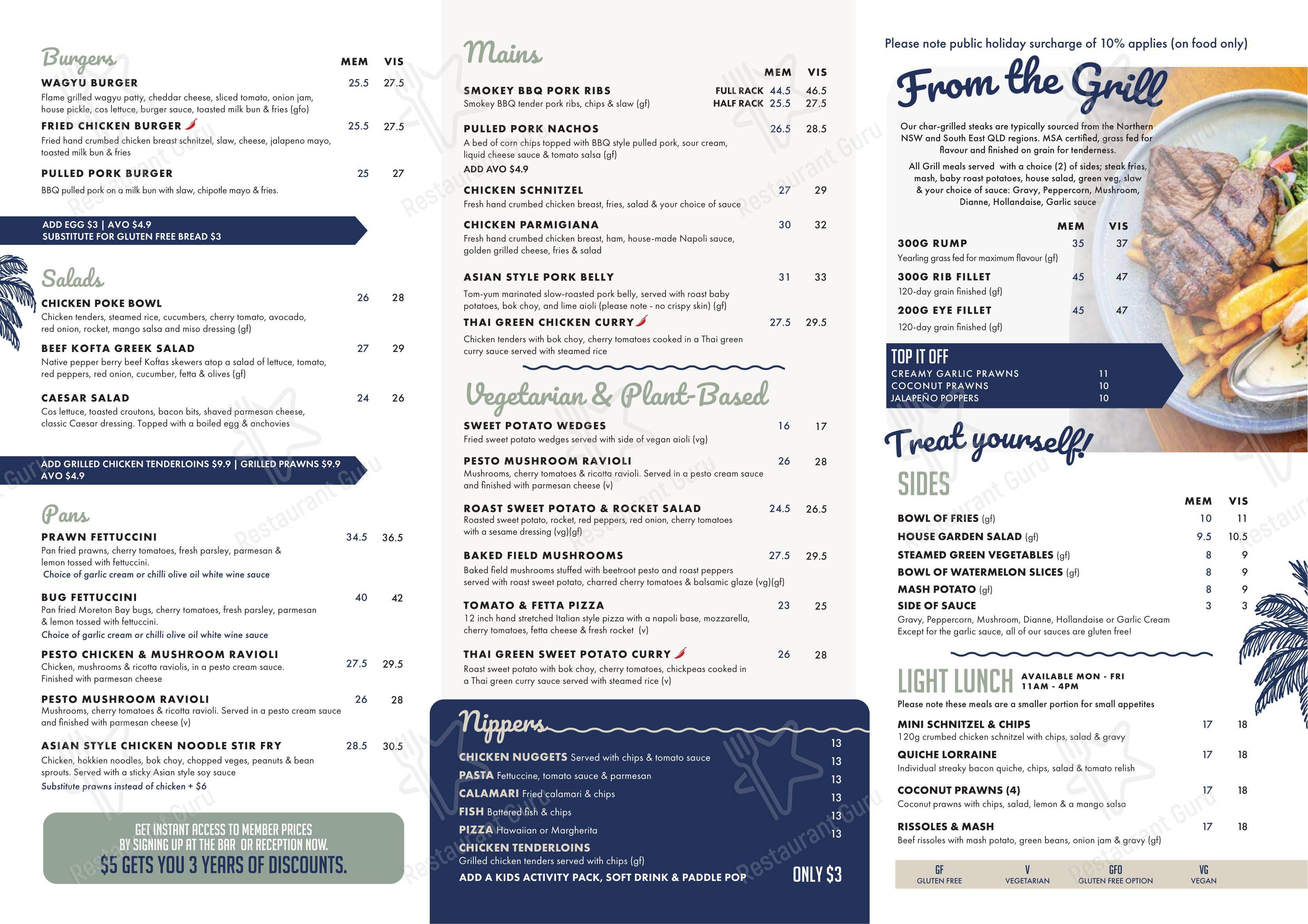 Menu at Coolangatta Surf Club, Coolangatta, 61 Marine Parade