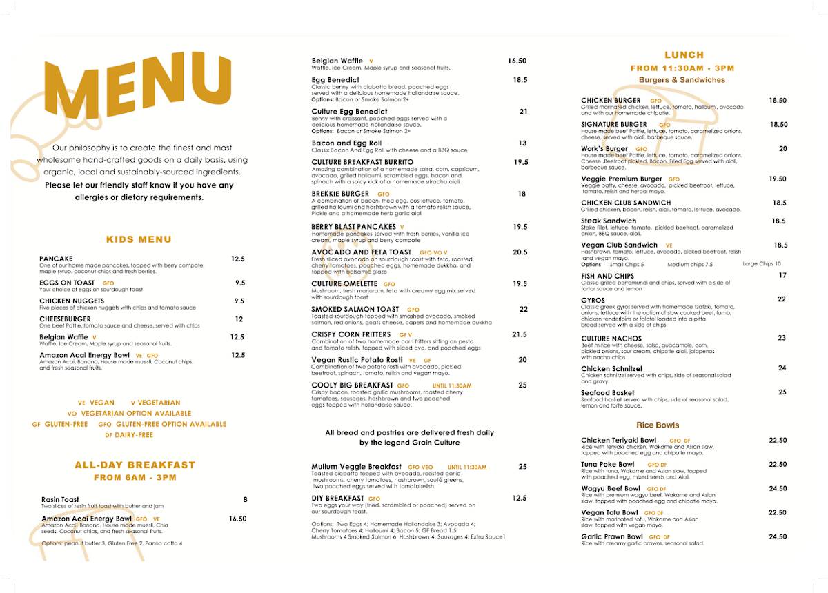 Menu at Cooly food culture cafe, Coolangatta