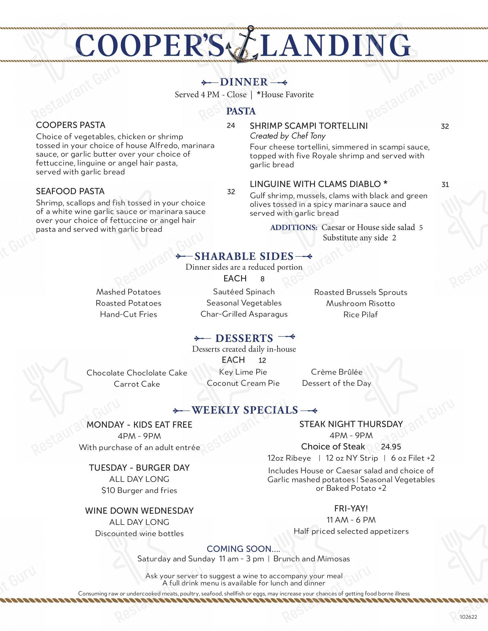 Carta del restaurante Cooper's Landing, Galveston
