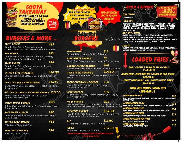 Menu at Cooya Seaside Takeaway fast food, Cooya Beach