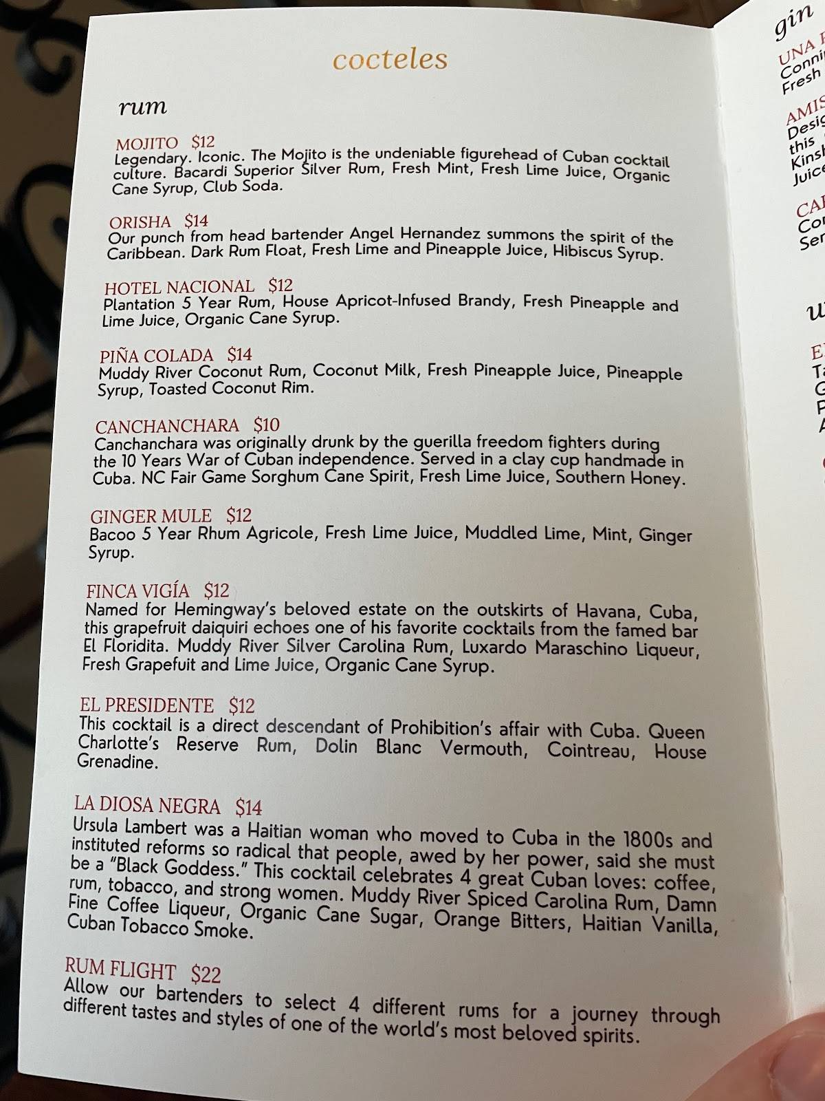 Menu at Copa restaurant, Durham