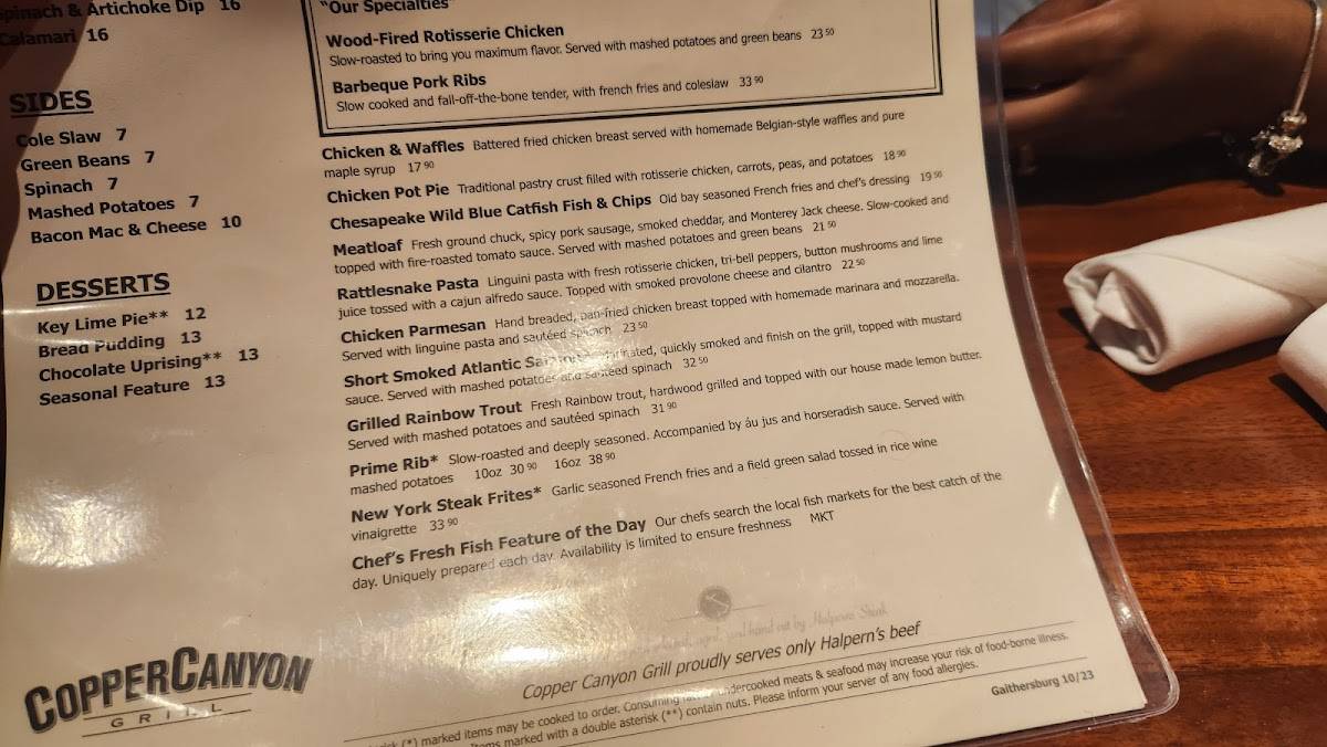 Menu at Copper Canyon Grill pub & bar, Gaithersburg