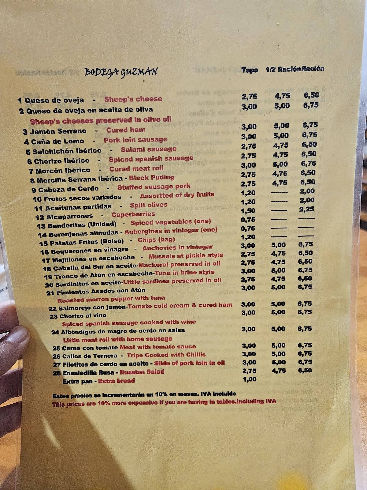 Menu at Bodega Guzmán pub & bar, Córdoba