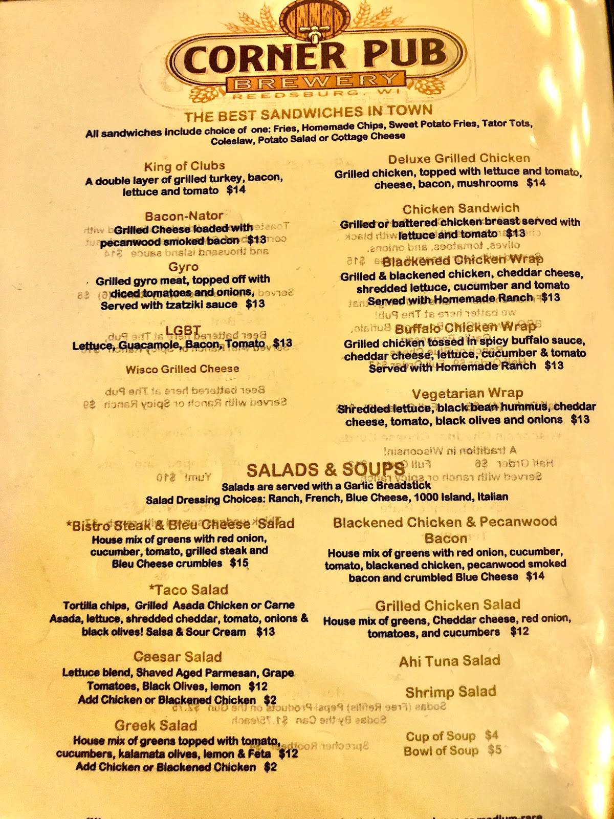 Menu at Corner Pub Brewery, Reedsburg