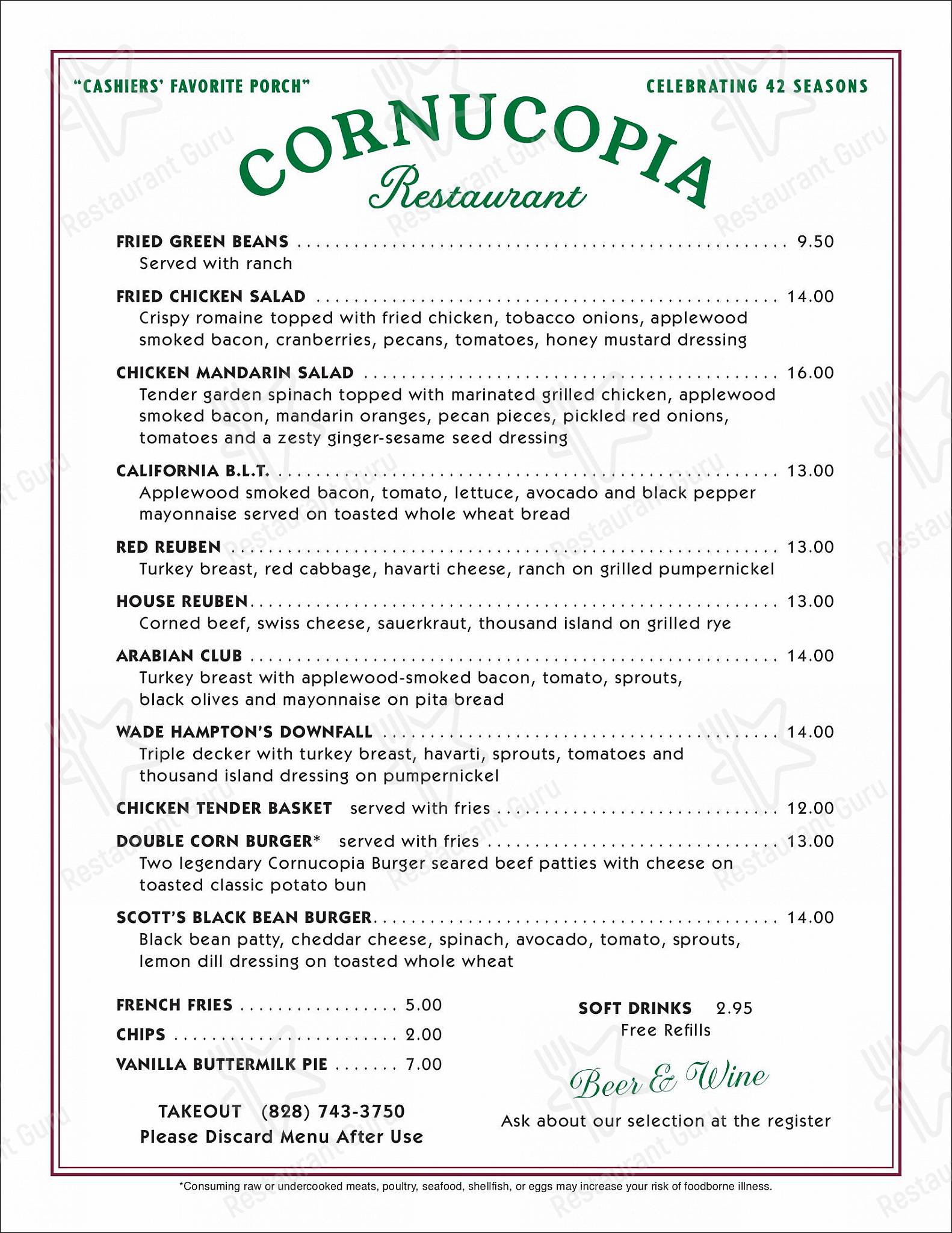 Menu at Cornucopia Restaurant, Cashiers