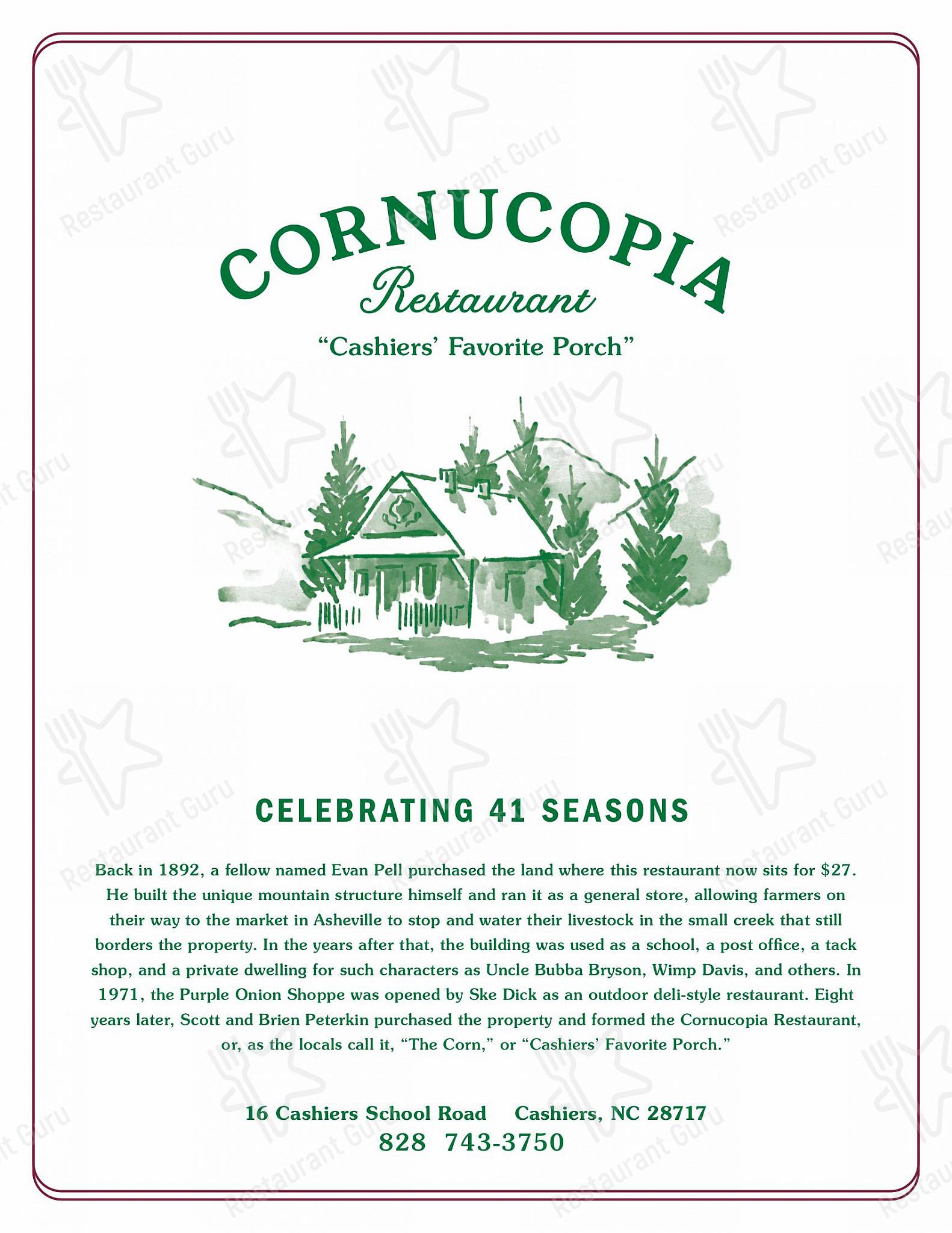 Menu at Cornucopia Restaurant, Cashiers