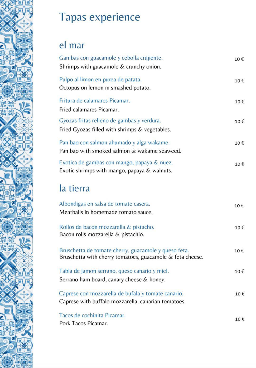 Menu at Picamar Tapas Bistrò restaurant, Costa Adeje