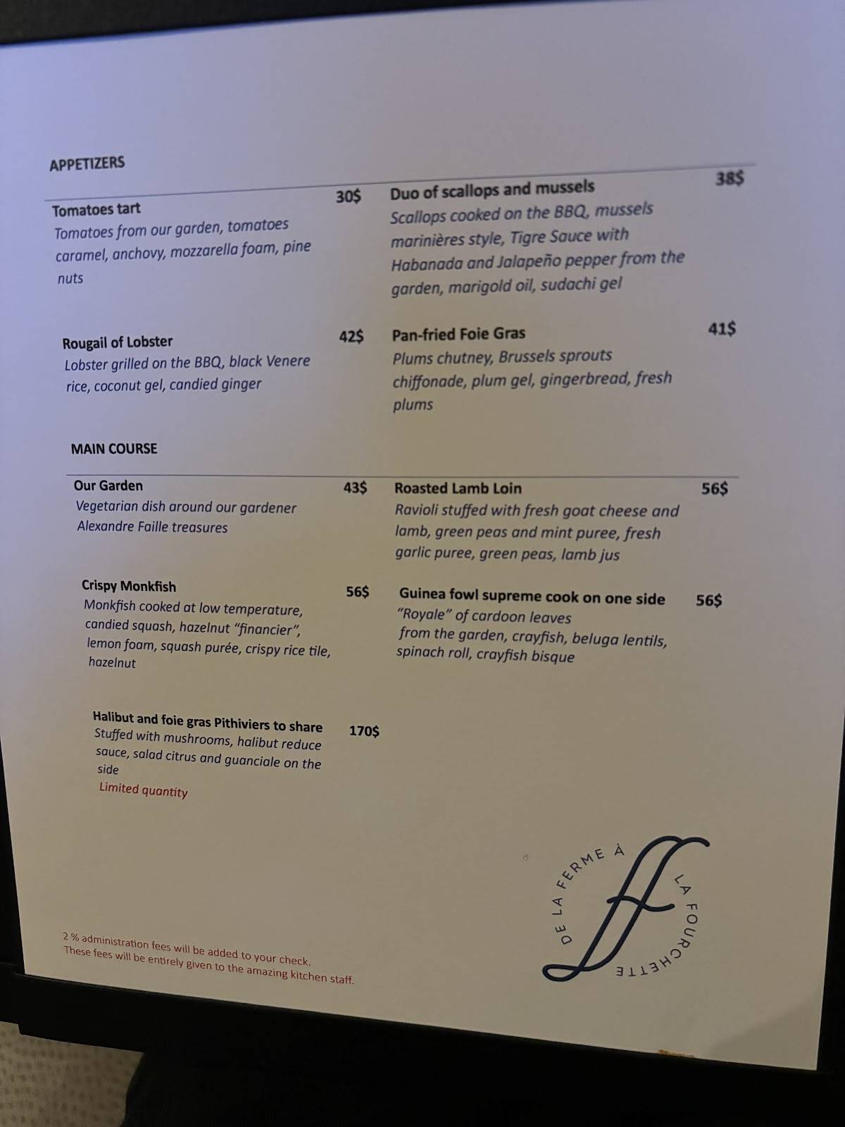 Menu at Coteau restaurant, Québec City