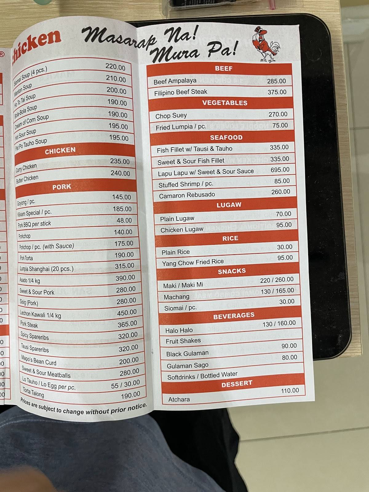 Menu at Country Chicken restaurant, Manila, 815 Benavidez St