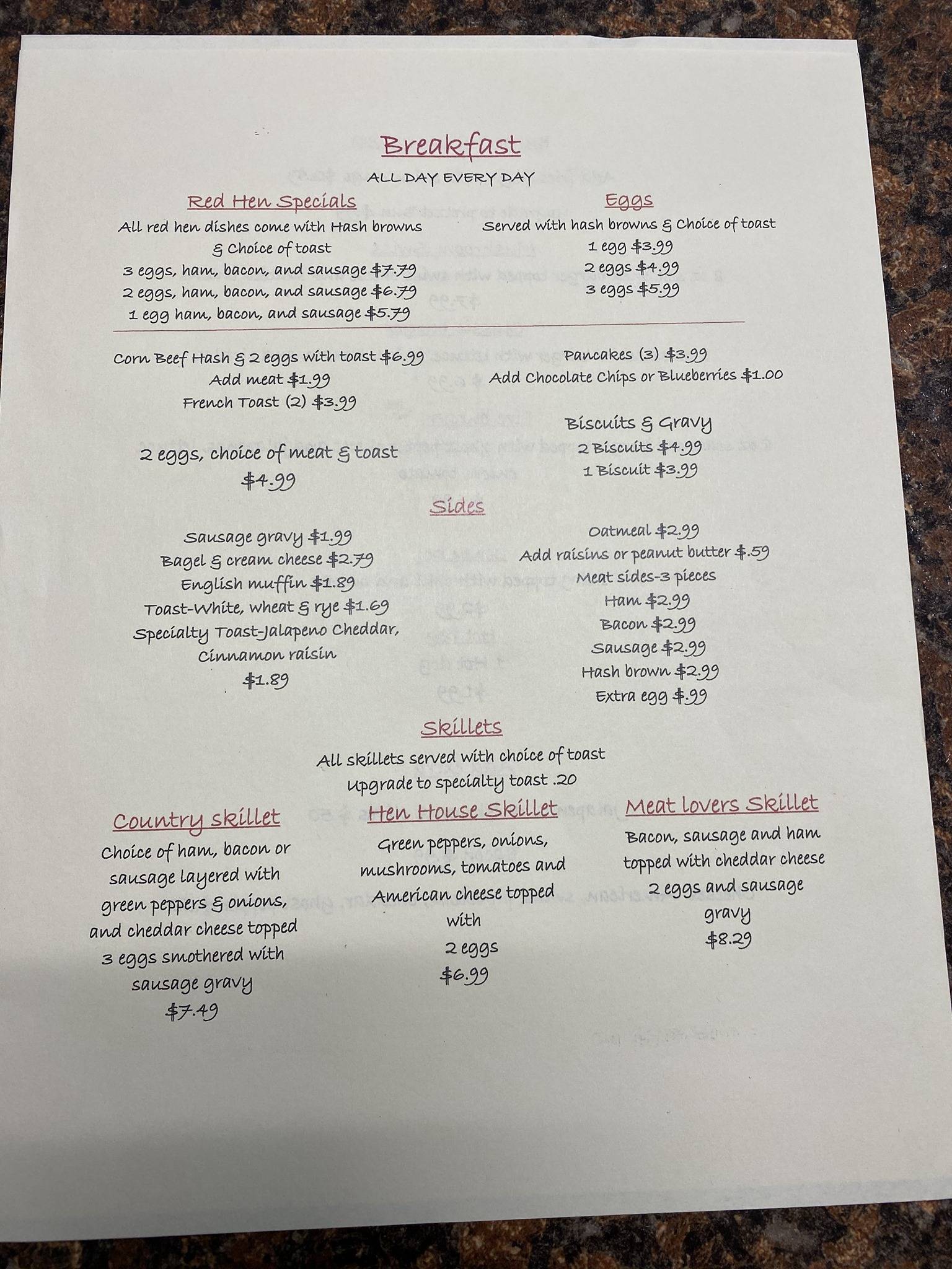 Menu at Country Red Hen restaurant, Peck