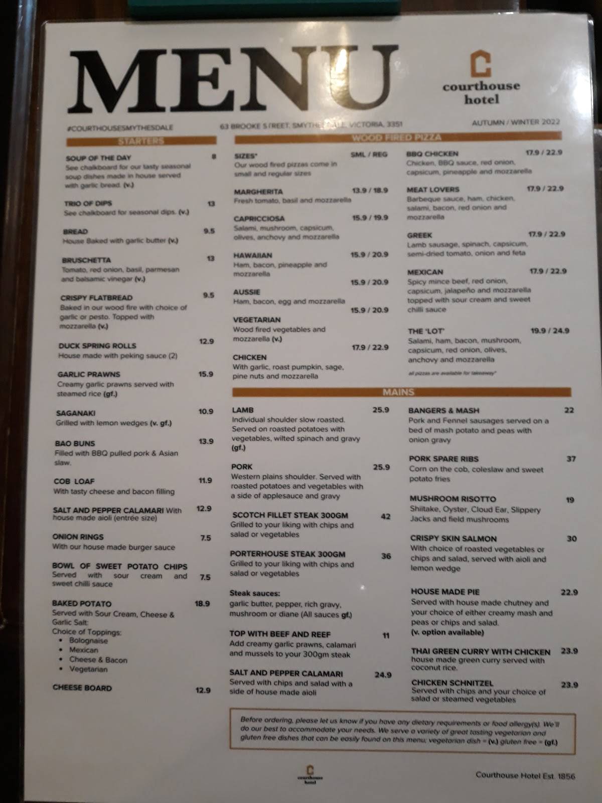 Menu at Courthouse Hotel pub & bar, Smythesdale